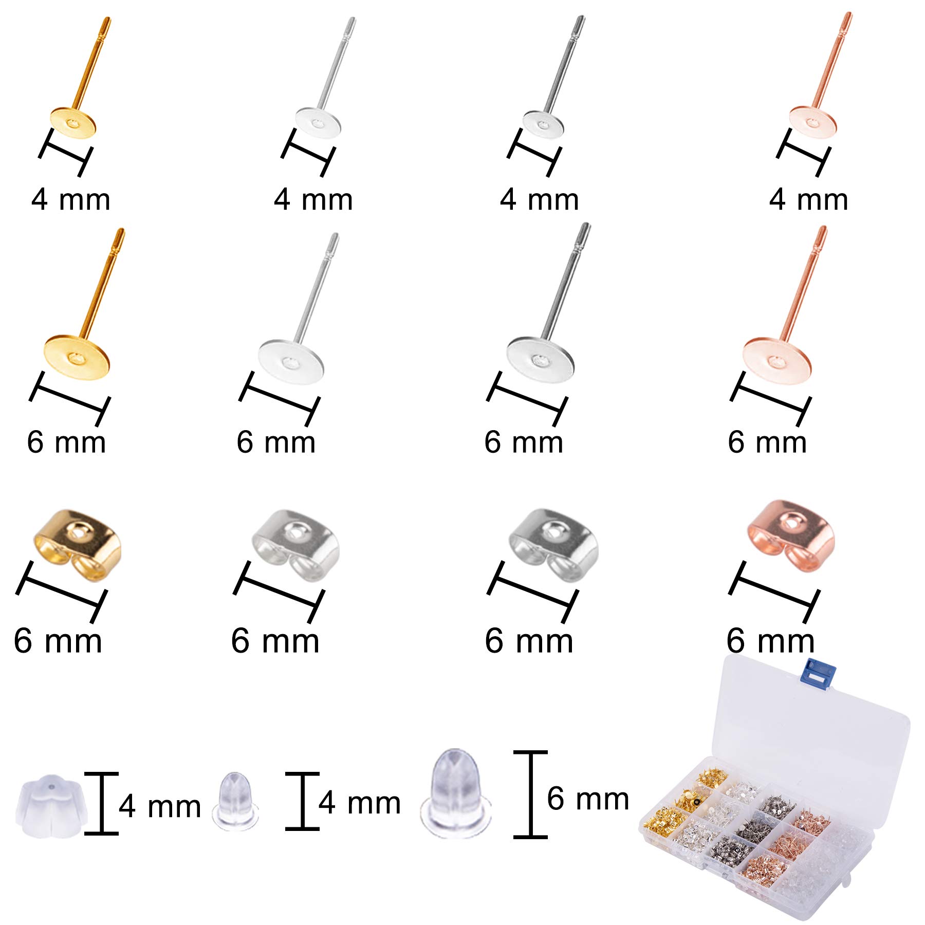 BQTQ 2600 Pcs Earring Making Supplies with Stainless Steel Earring Posts Earring Backs Flat Pad Earring Studs Earring Blank with Butterfly and Rubber Bullet Earring Backs for Earring Jewelry Making