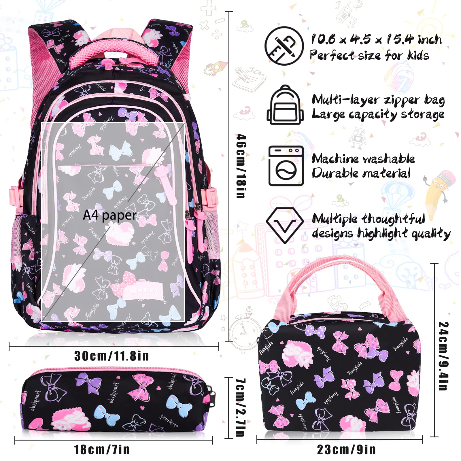 Bergmoer Backpack for Girls Boys with Lunch Box, 15.4 Inch Lightweight Backpack for School, Elementary School Bags, 3 in 1 Bookbag Set Waterproof Backpacks Camping Childrens Backpack