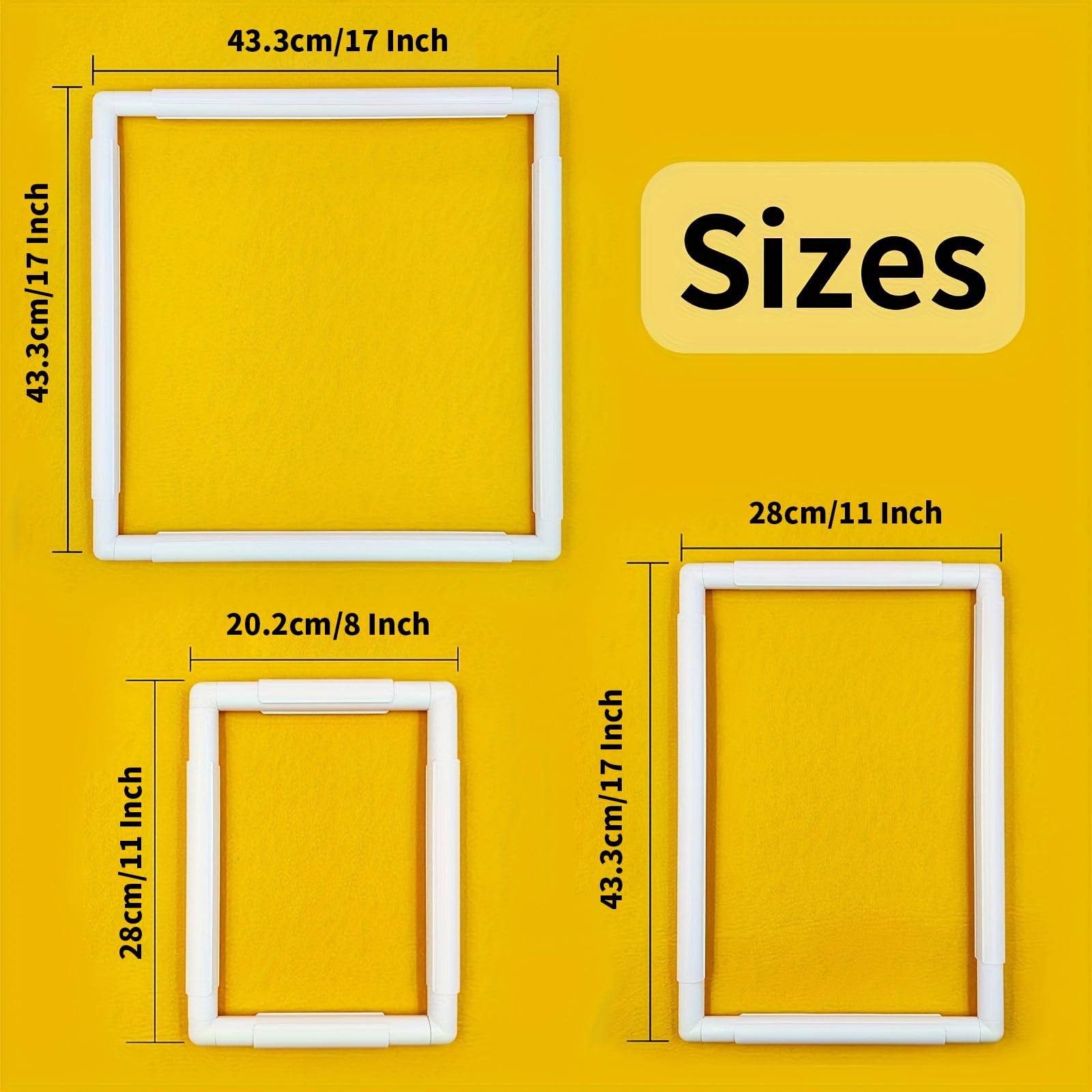 3 in 1 17''x17'',17"x11",11"x8" Universal Clip Frame Set, Square Rectangle Plastic Clip Frame for Embroidery, Quilting, Cross-Stitch, Punch Needle, Silk-Painting-Hand U Journey