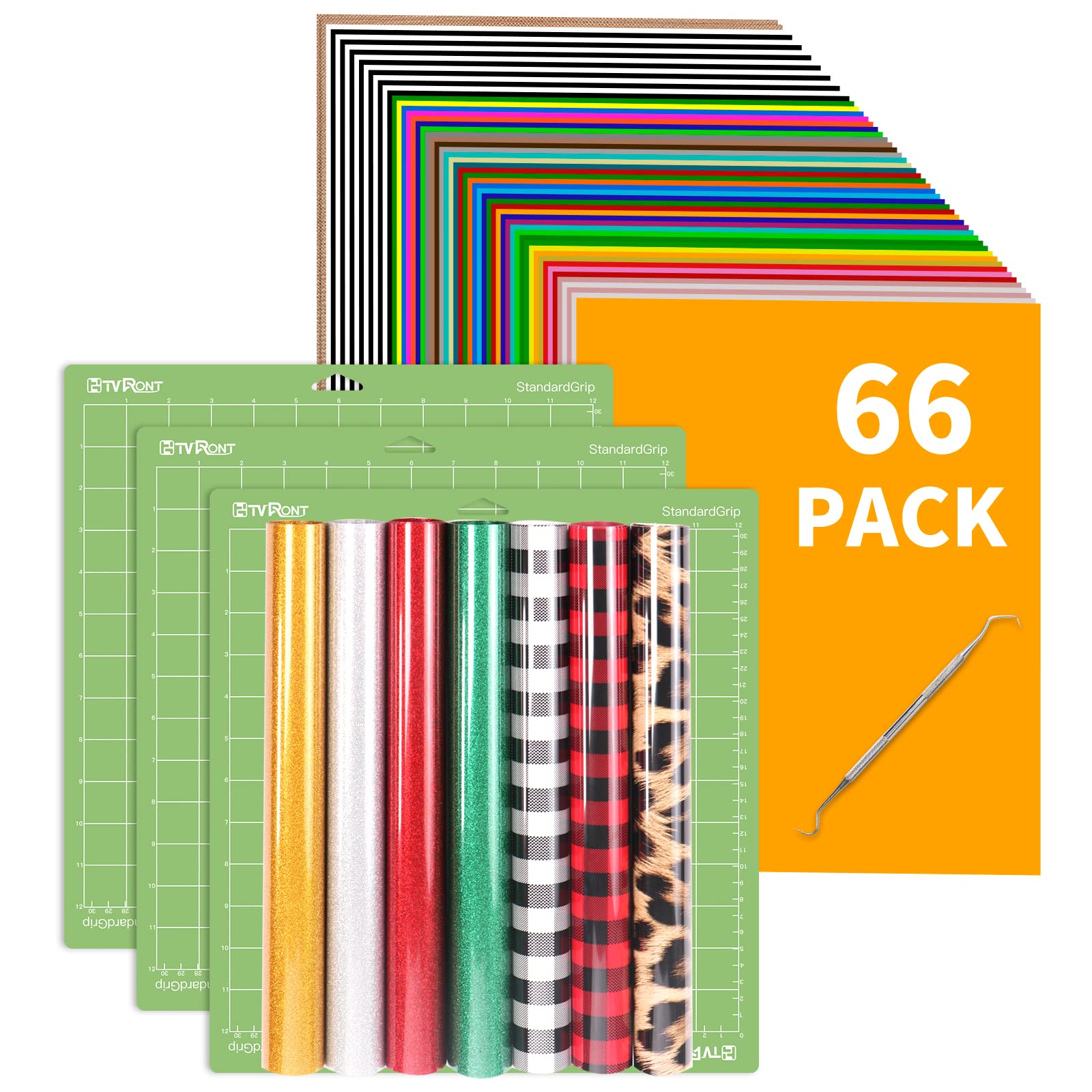 HTVRONT HTV Heat Transfer Vinyl Bundle: 66 Pack 12 x 10 Iron On Vinyl for T-Shirt,37pcs Assorted Colors HTV Vinyl with Tweezer,3 Pack Standard Grip Cutting Mat for Cricut Explore Air2/Air/One/Maker