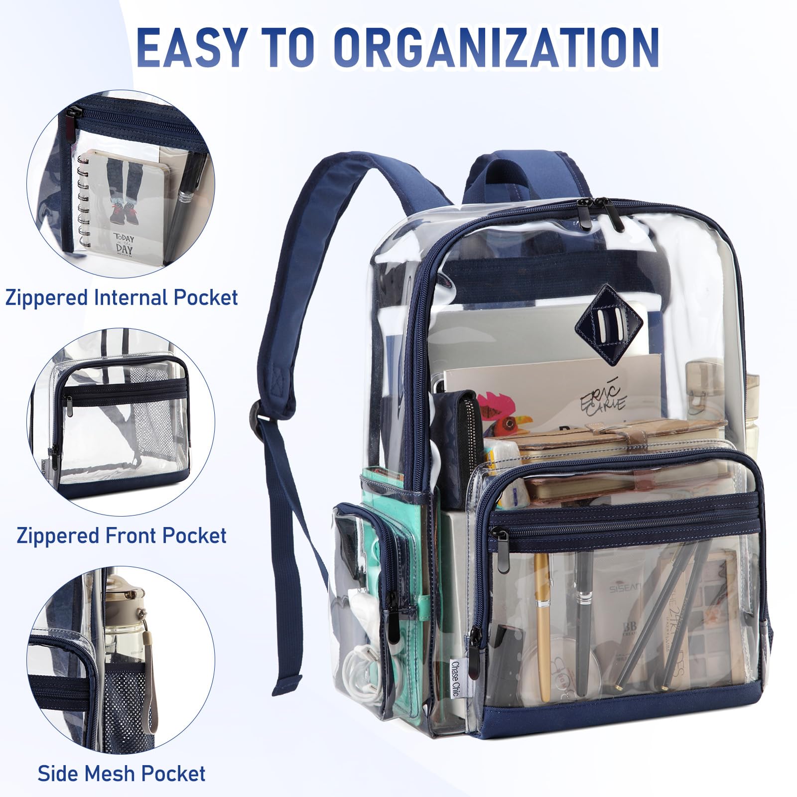 Clear backpack, Chase Chic Transparent School Backpack Large Heavy Duty See Through Daypack for School Work Travel