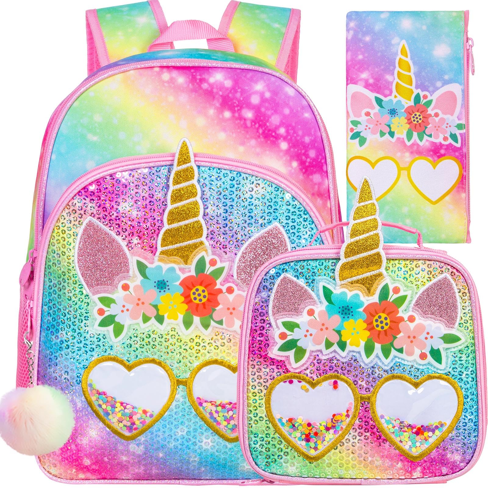ZLYERT 3PCS Unicorn Backpack for Girls, Sequin Bookbag for Elementary Preschool Students, 16" Kids Backpacks with Lunch Box for Girl - Pink