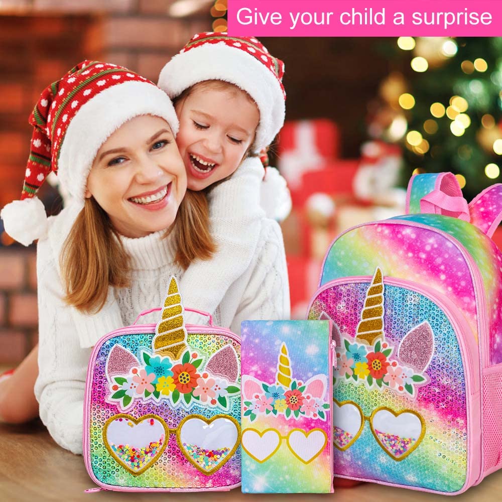 ZLYERT 3PCS Unicorn Backpack for Girls, Sequin Bookbag for Elementary Preschool Students, 16" Kids Backpacks with Lunch Box for Girl - Pink