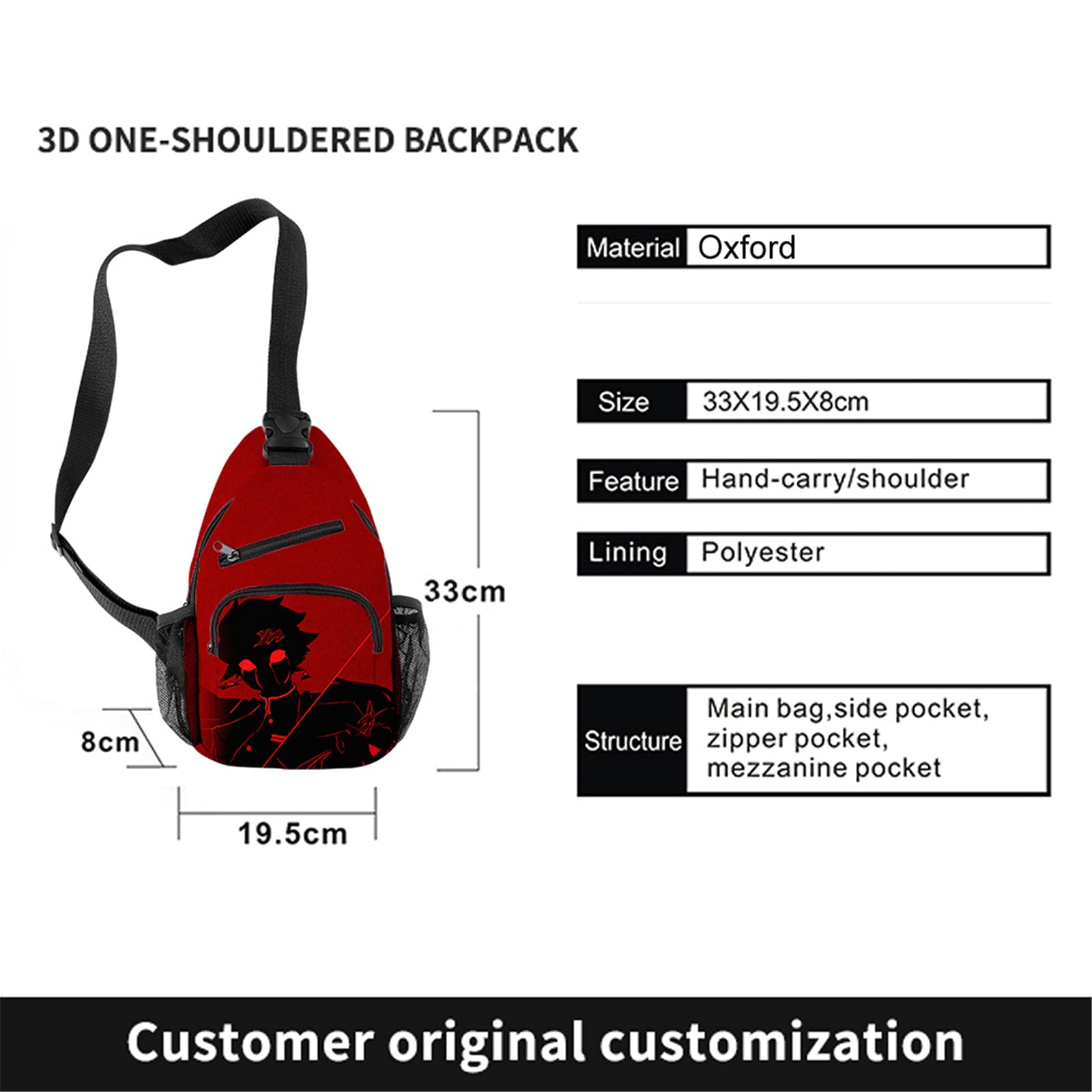 HANDAFA Unisex Anime Cosplay Single Shoulder Bag Nezuko Tanjirou Sling Backpack(Tanjirou Red)