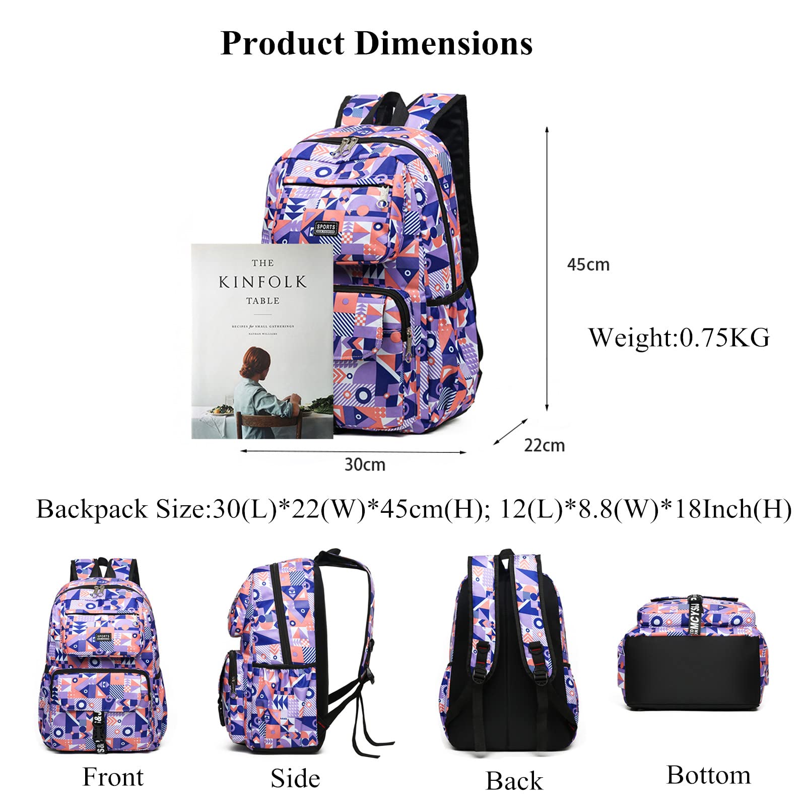 Geometric Prints Primary Kids Backpack, Elemetary Students Bookbag Teens Schoolbag, Knapsack for Girls