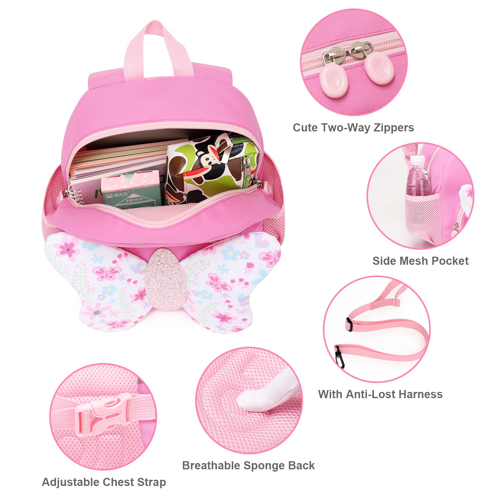 Toddler Backpack with Anti-Lost Harness Kids Backpack School Bag for Baby Girl Boy 1-5 Years(Butterfly)