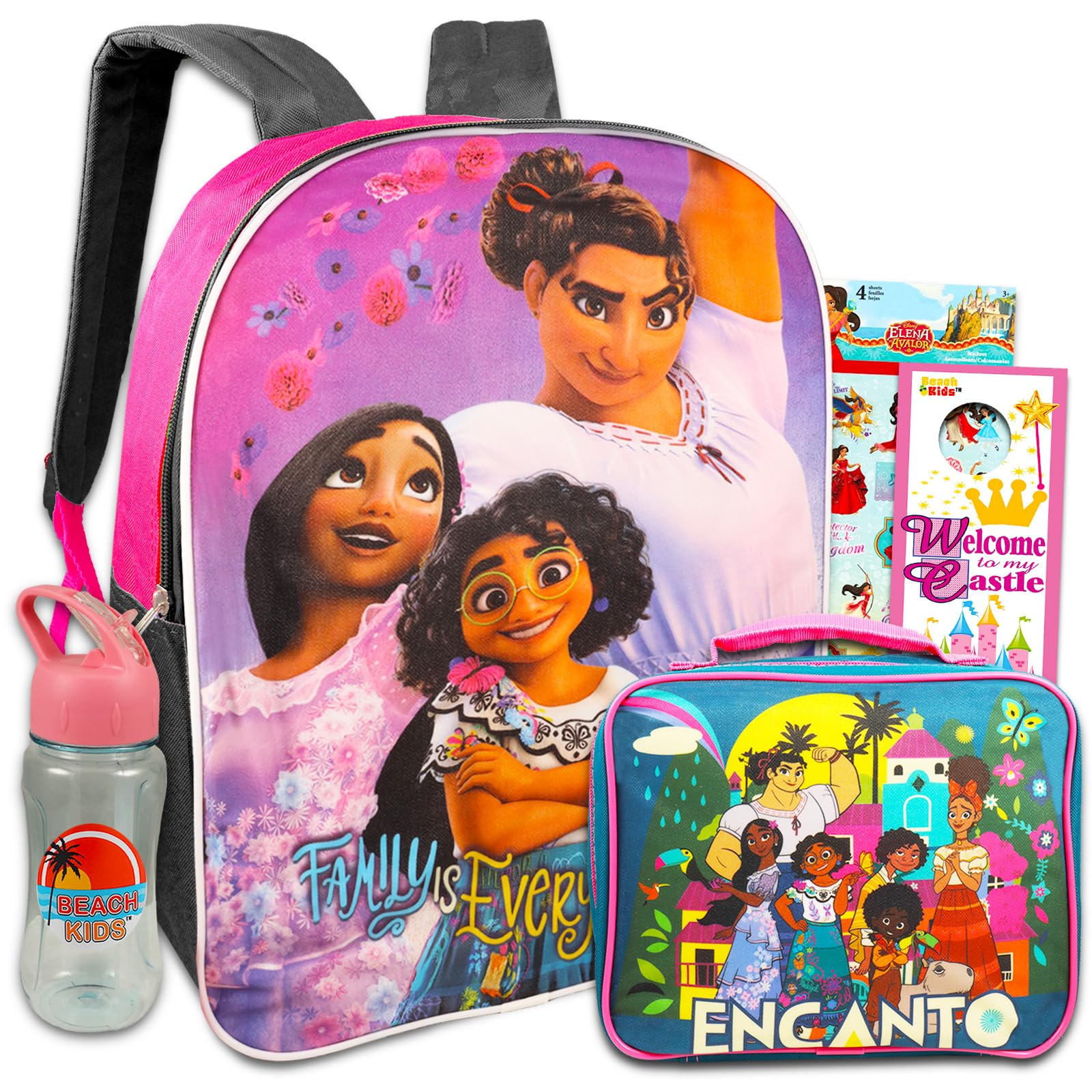 Disney Encanto Backpack with Lunch Box for Girls - Bundle with 16ā Encanto Backpack, Encanto Lunch Bag, Water Pouch, Stickers, More (Encanto School Backpack)