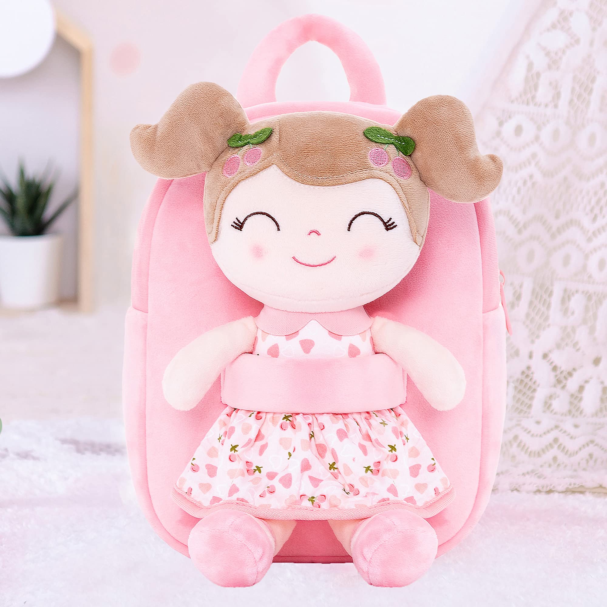 Gloveleya Kids Backpack Toddler Backpack Plush Backpack with Soft Doll Cherry Girl Pink 9 Inches New…