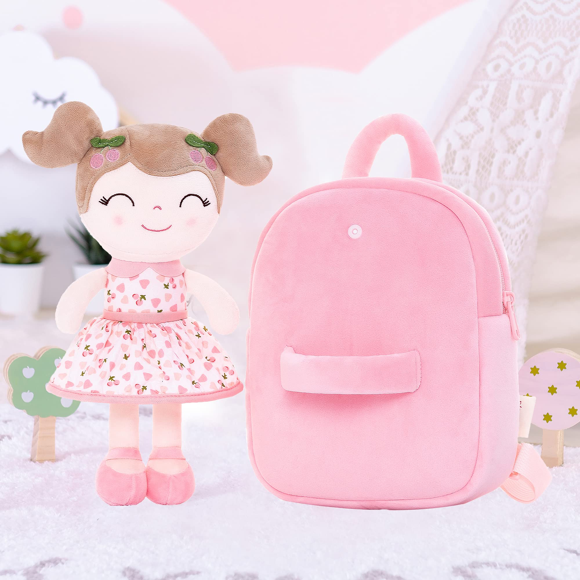 Gloveleya Kids Backpack Toddler Backpack Plush Backpack with Soft Doll Cherry Girl Pink 9 Inches New…