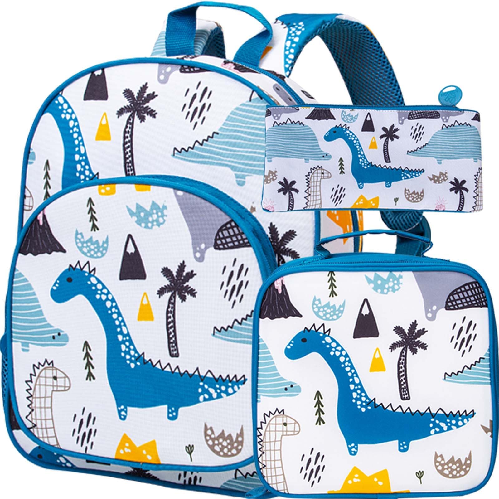3PCS Toddler Backpack for Boys, 12.5" Dinosaur Book Bag and Lunch Box Set