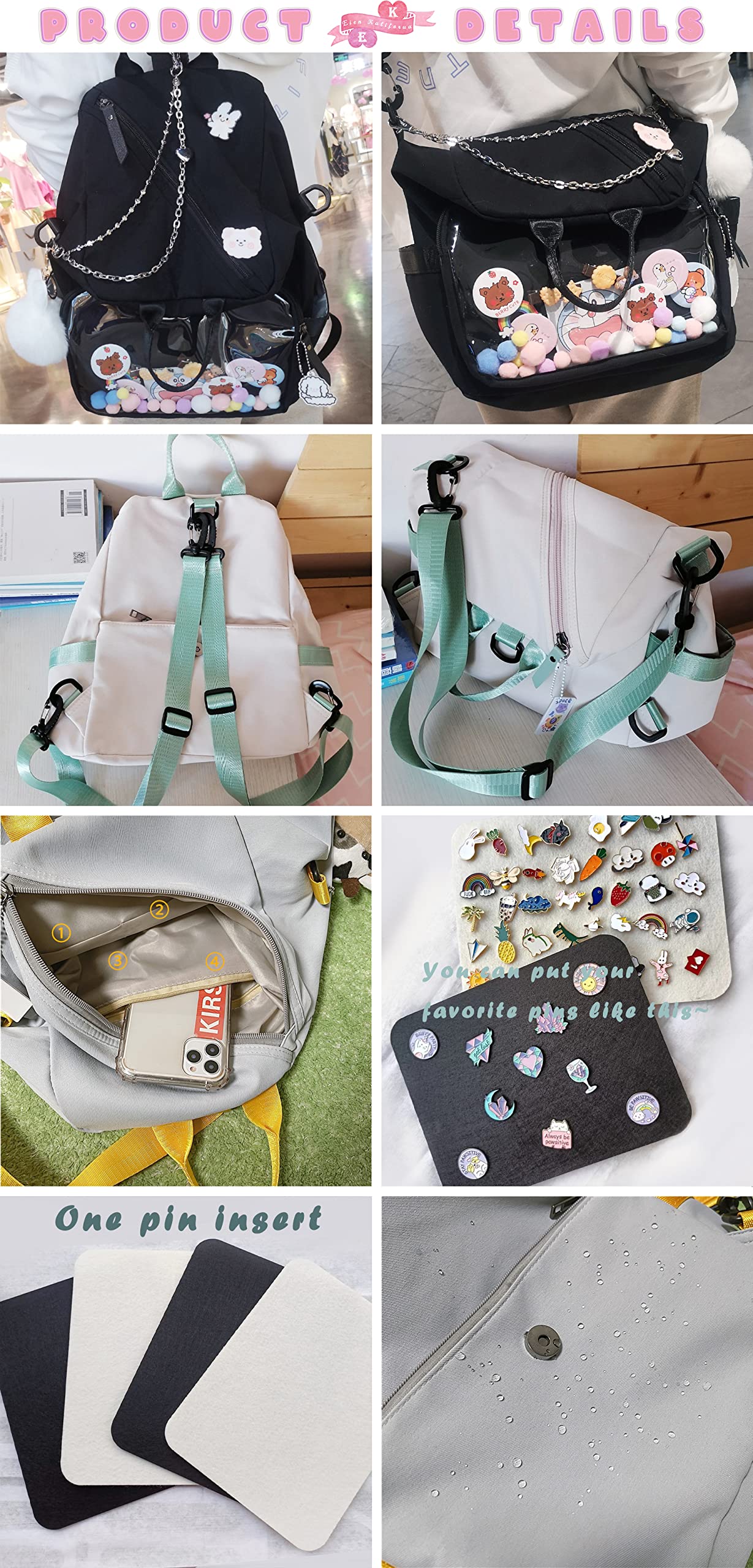 Eien Kaliforua Ita Bag Cute Ita Bag Backpack Kawaii Pins Display Backpack 3 Way Anime School Bag