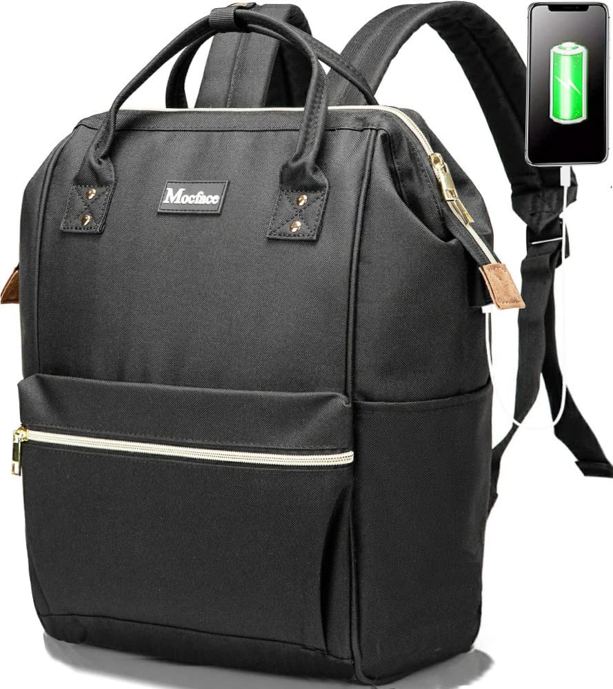 MOCFACE Laptop Backpack for Women,15.6 Inch Stylish College School Backpack with USB Charging Port,Water Resistant Casual Daypack Computer Backpack for Girls/Nurse/Teacher/Travel-Black