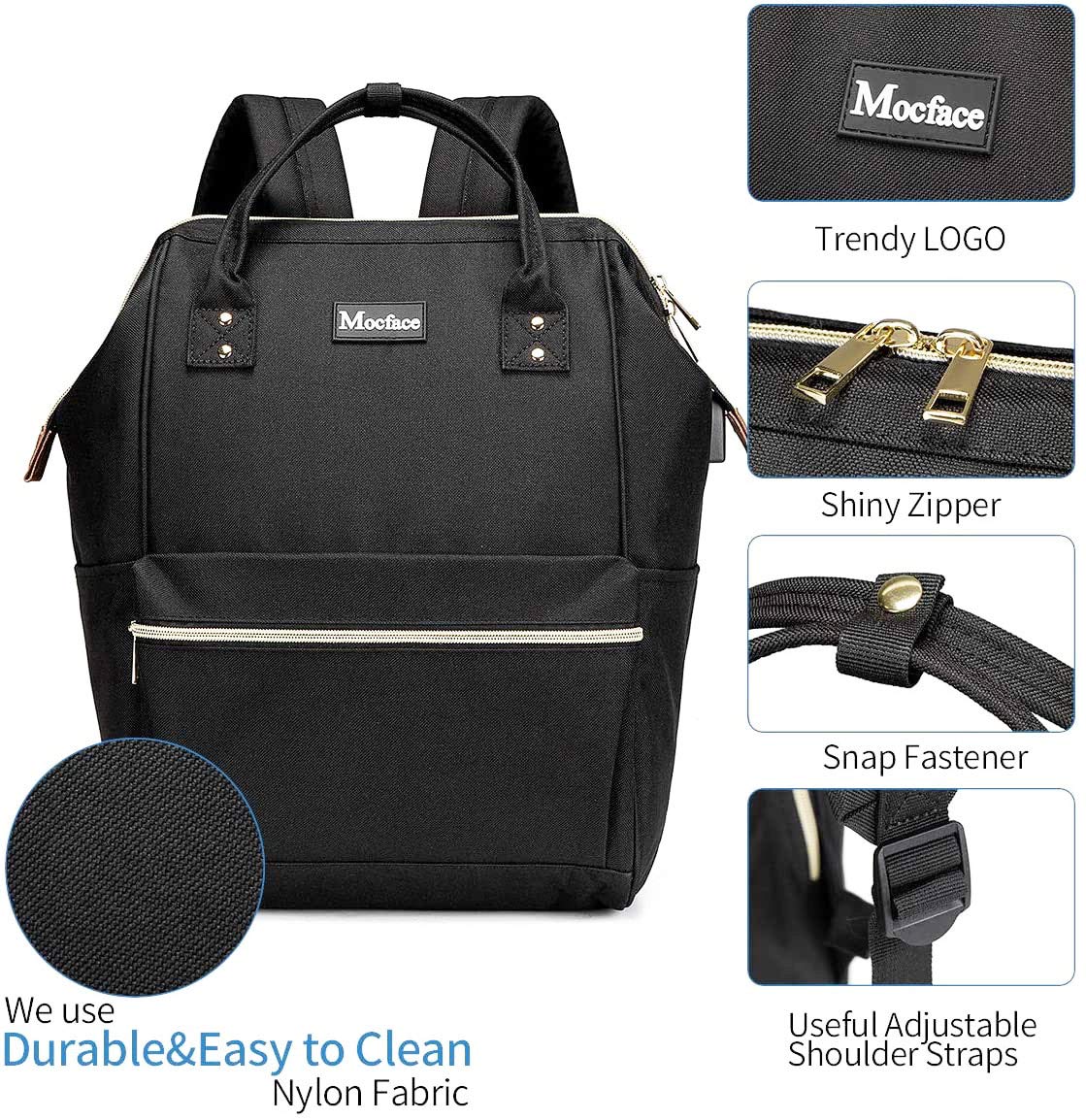 MOCFACE Laptop Backpack for Women,15.6 Inch Stylish College School Backpack with USB Charging Port,Water Resistant Casual Daypack Computer Backpack for Girls/Nurse/Teacher/Travel-Black