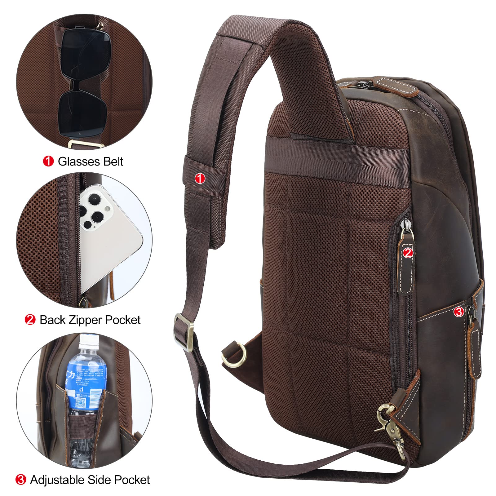 TIDING Vintage Full Grain Leather Sling Bag Travel Hiking Crossbody Chest Daypack For Men