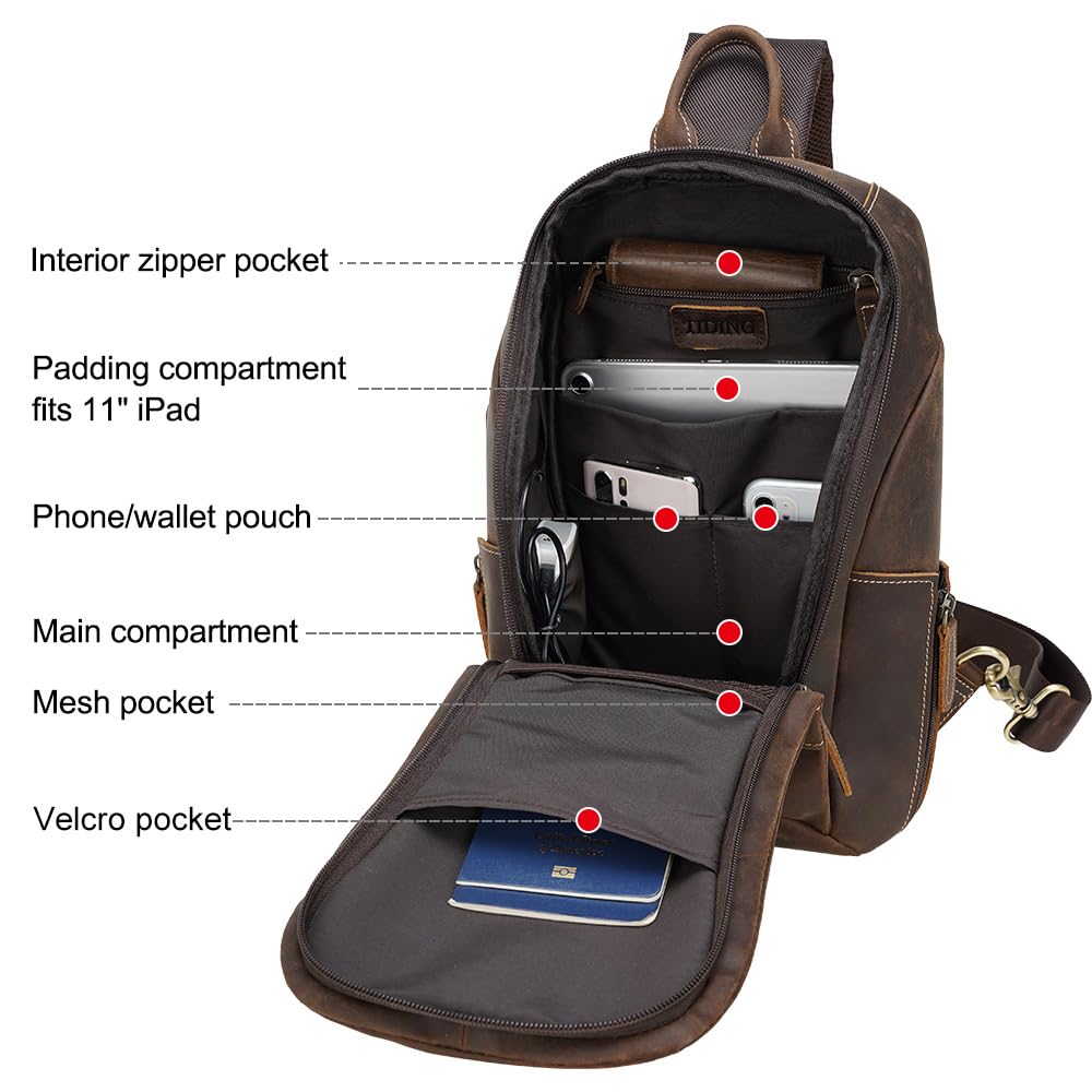 TIDING Vintage Full Grain Leather Sling Bag Travel Hiking Crossbody Chest Daypack For Men