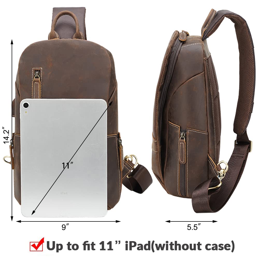 TIDING Vintage Full Grain Leather Sling Bag Travel Hiking Crossbody Chest Daypack For Men