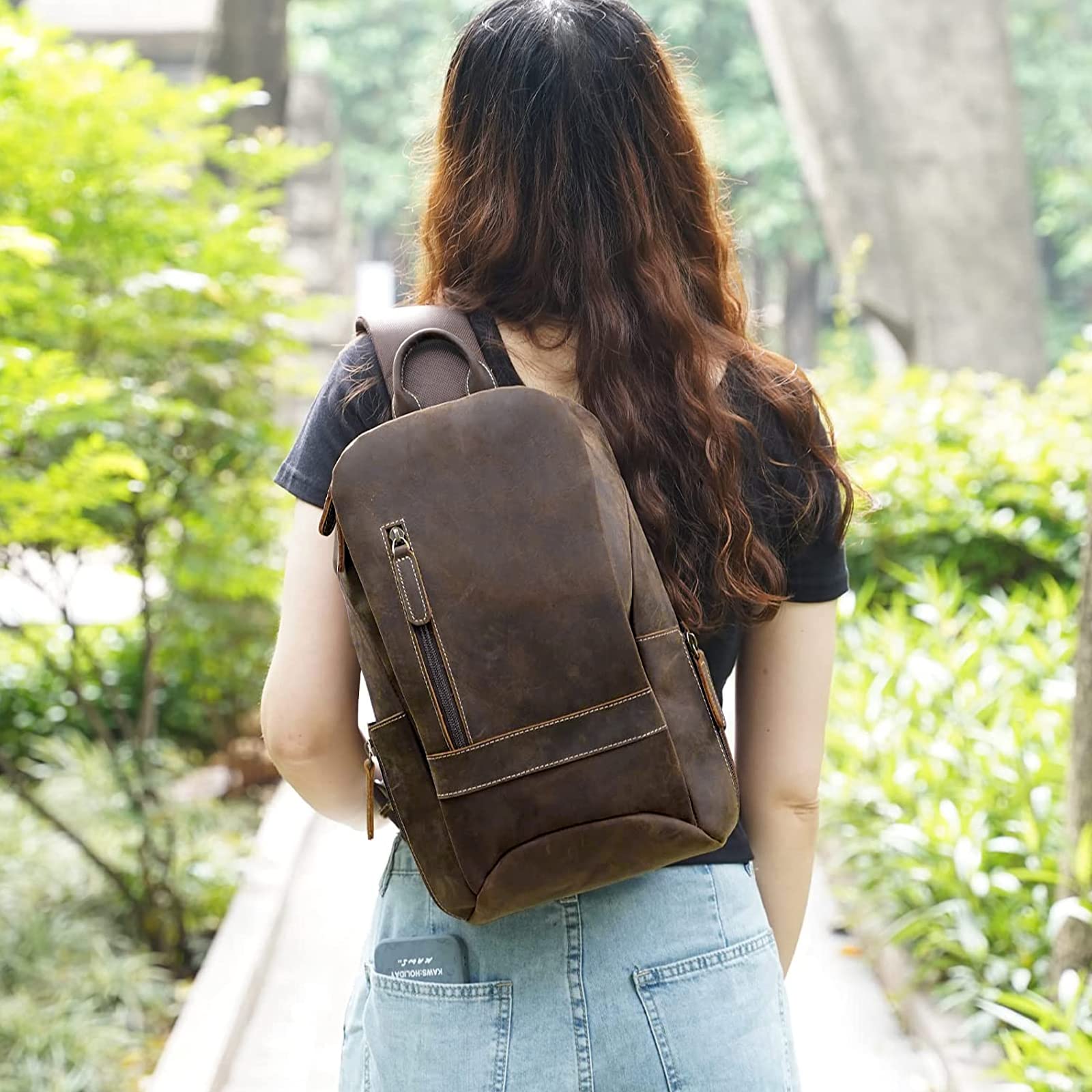 TIDING Vintage Full Grain Leather Sling Bag Travel Hiking Crossbody Chest Daypack For Men