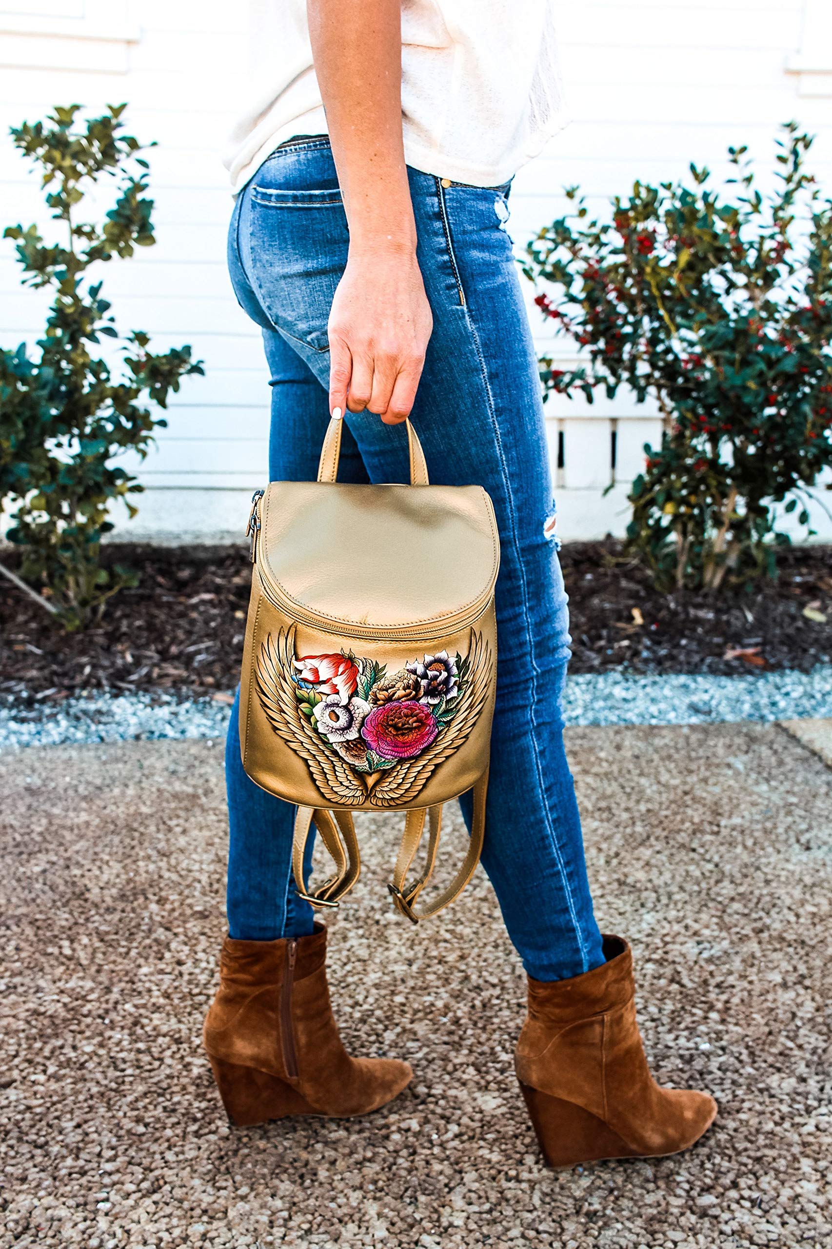 Anuschka Women’s Genuine Leather Backpack - Hand Painted Exterior - Angel Wings