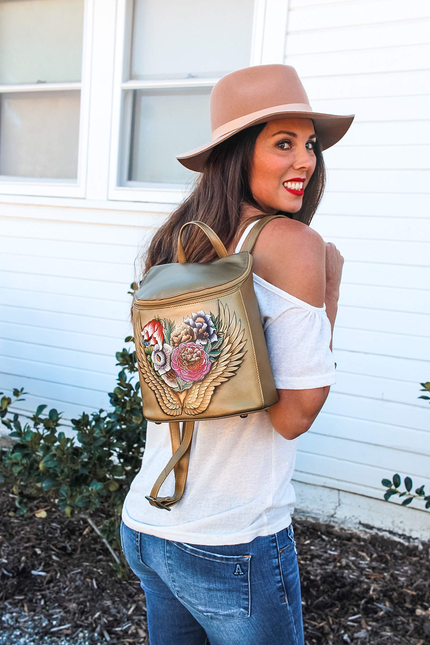 Anuschka Women’s Genuine Leather Backpack - Hand Painted Exterior - Angel Wings