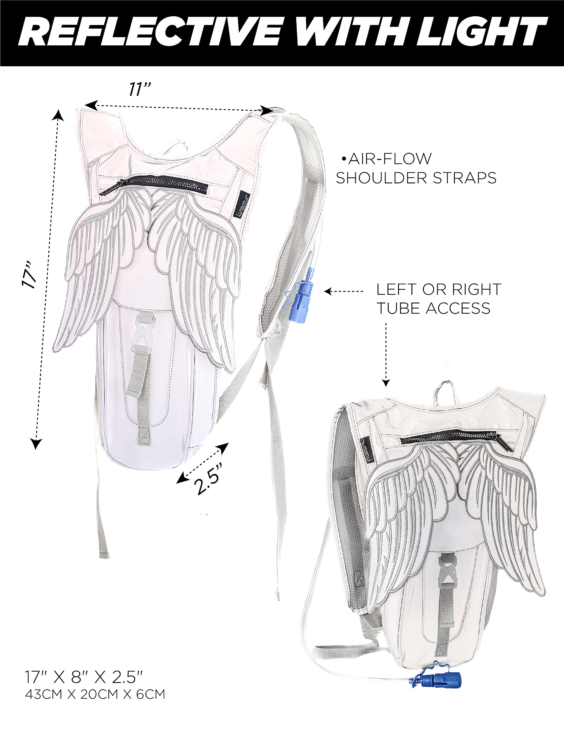 Fydelity Festival Hydration Backpack ANGEL WINGS Hydration Pack Festival Gear Retro Hydration Pack Backpack for Men and Women Hydrapak Water Backpack Festival backpack - Silver Metallic