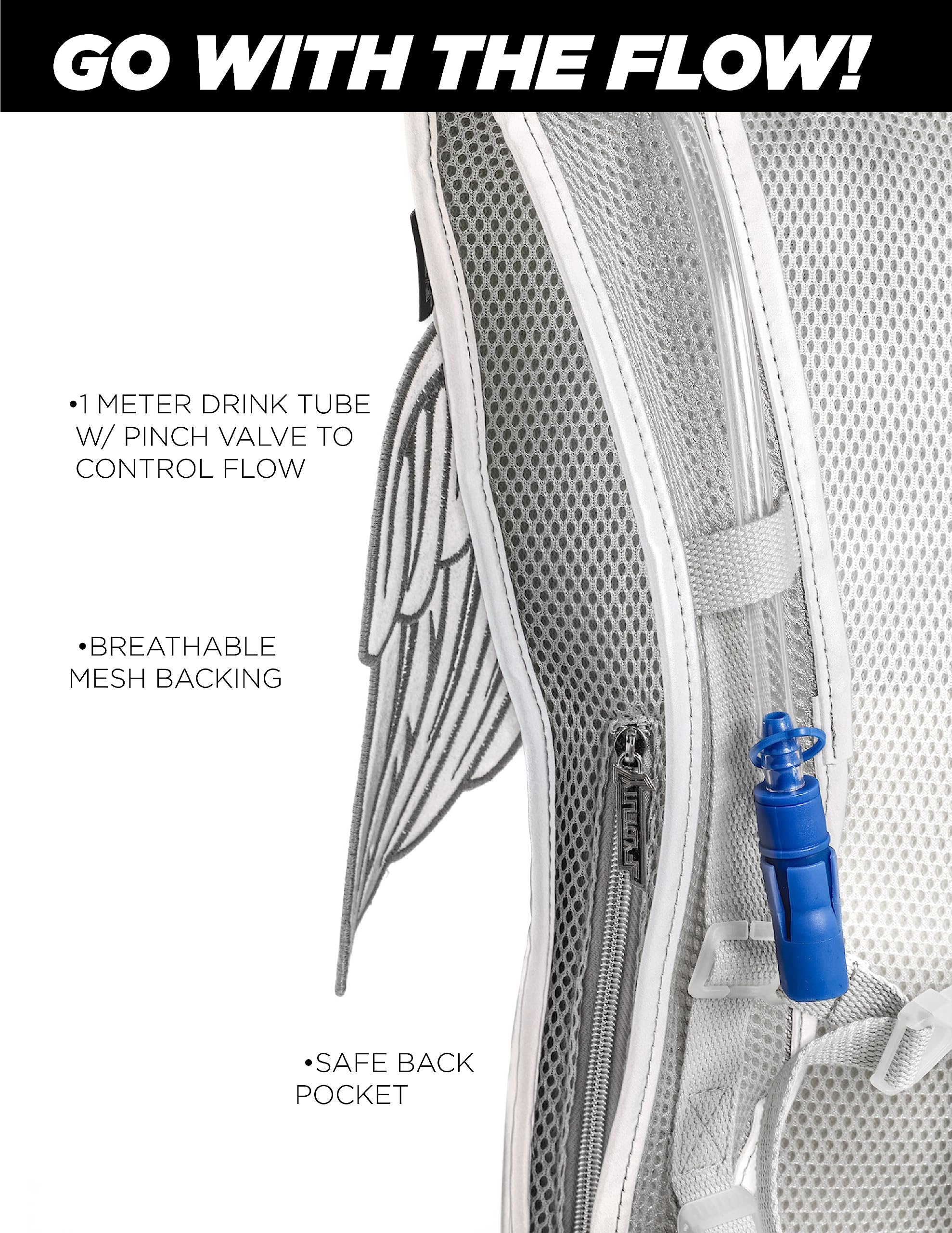 Fydelity Festival Hydration Backpack ANGEL WINGS Hydration Pack Festival Gear Retro Hydration Pack Backpack for Men and Women Hydrapak Water Backpack Festival backpack - Silver Metallic