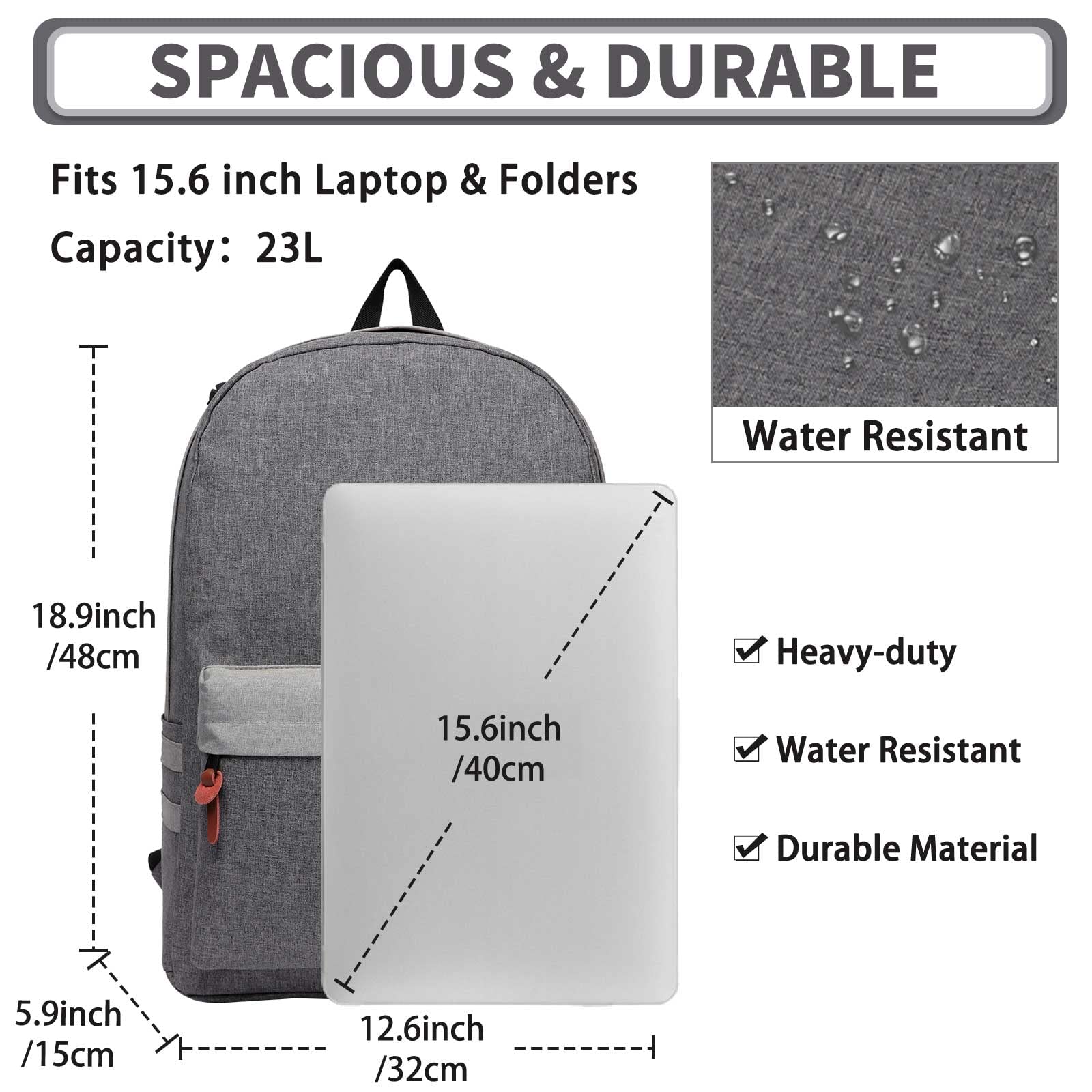 Laptop Backpack, Water Resistant High School Backpack in Gray by Vaschy fits up to 15 Inch Laptop