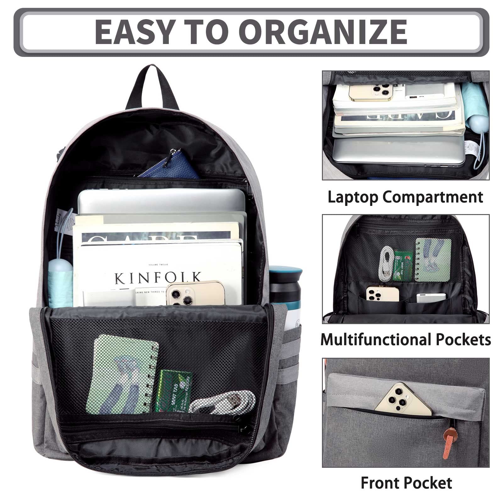 Laptop Backpack, Water Resistant High School Backpack in Gray by Vaschy fits up to 15 Inch Laptop