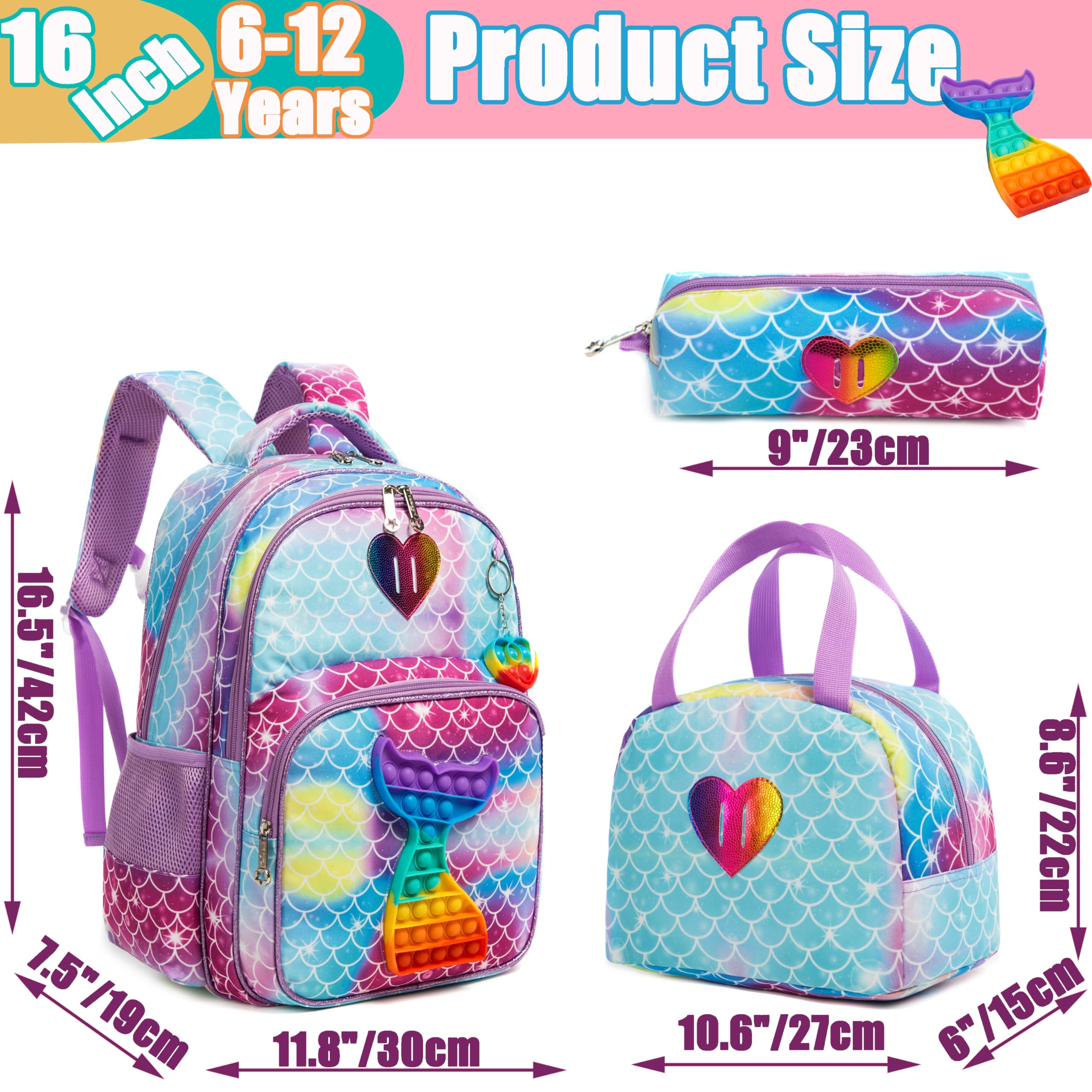Mermaid Backpack for Girls Backpacks for Elementary Preschool Student with Lunch Box Pencil Case 3 in 1 Bookbag for Girls for School