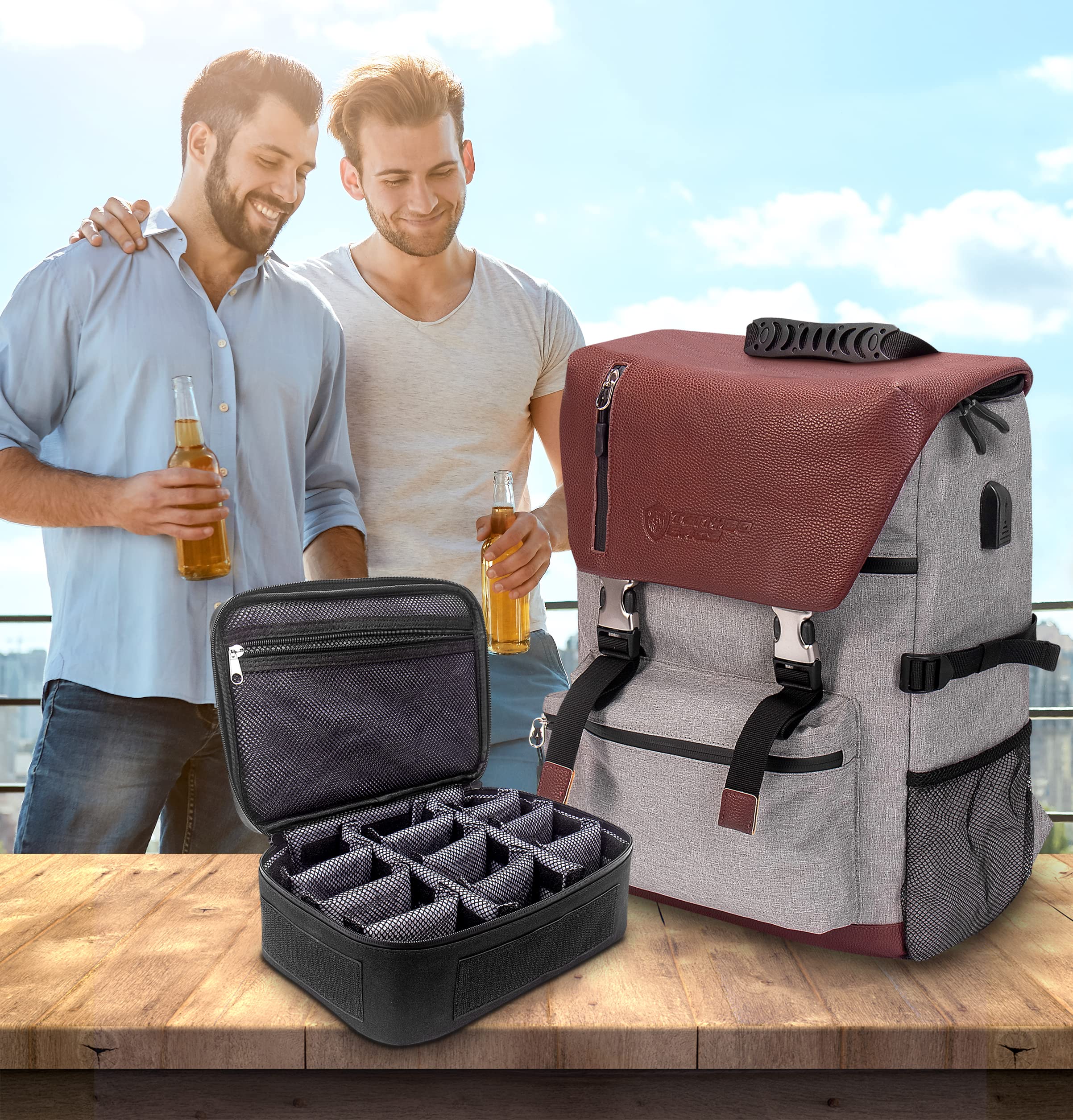 TENYBO Backpack And small Bag With Lock Included - Carbon Lined Bag And Backpack With Laptop Compartment And USB Port (Grey And Brown) Size 17x12 Inches Gift for Him