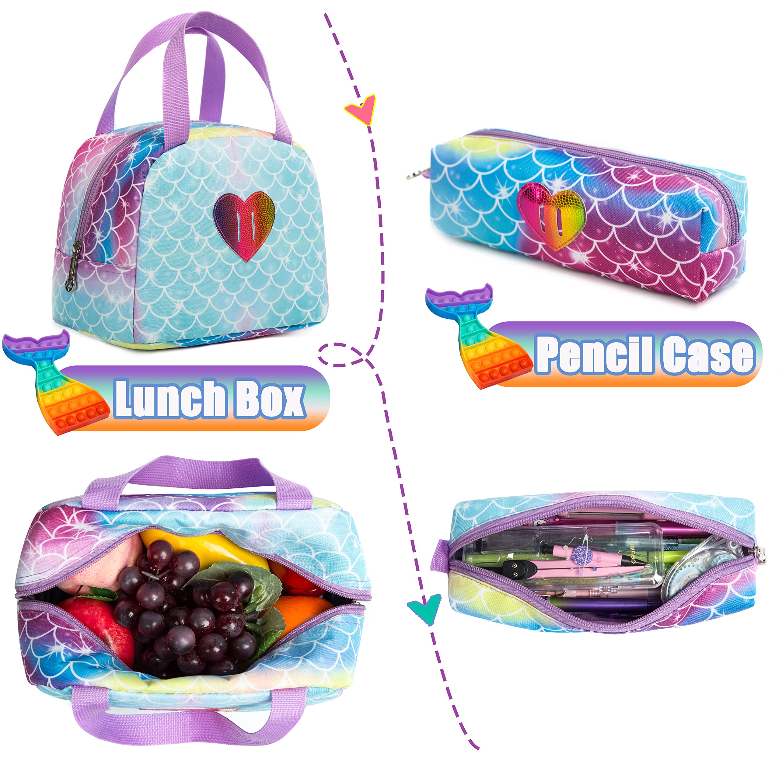 Mermaid Backpack for Girls Backpacks for Elementary Preschool Student with Lunch Box Pencil Case 3 in 1 Bookbag for Girls for School