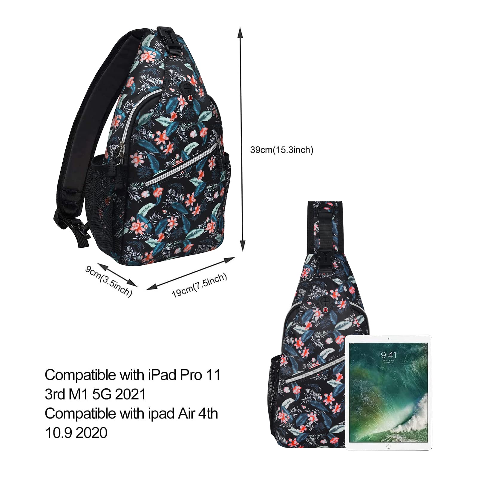 MOSISO Sling Backpack,Travel Hiking Daypack Pattern Rope Crossbody Shoulder Bag, Navy Blue Base Totem Texture&Lychnis