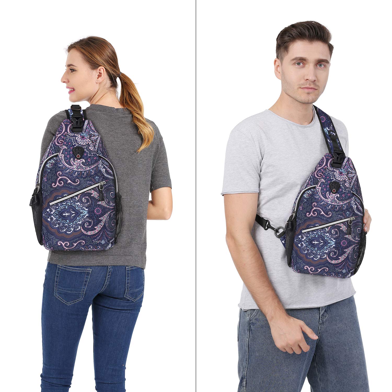 MOSISO Sling Backpack,Travel Hiking Daypack Pattern Rope Crossbody Shoulder Bag, Navy Blue Base Totem Texture&Lychnis