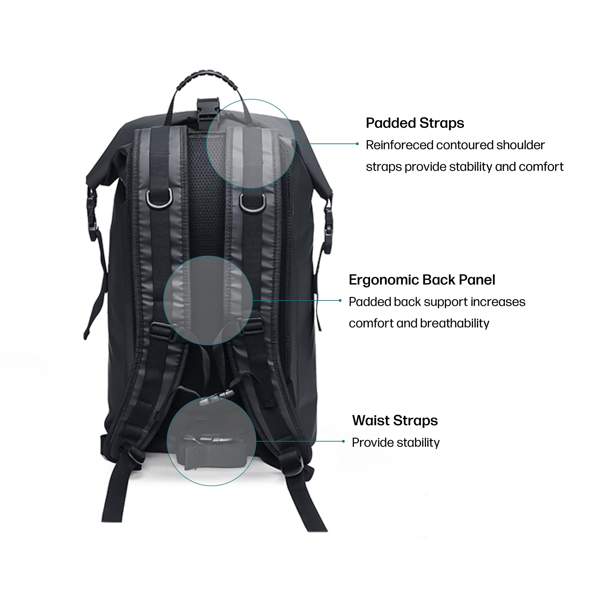 Water Bear Tactical Waterproof Backpack: Black 35L Rugged Roll-Top Closure with Waterproof Zipper front pocket and Cushioned Padded Back.