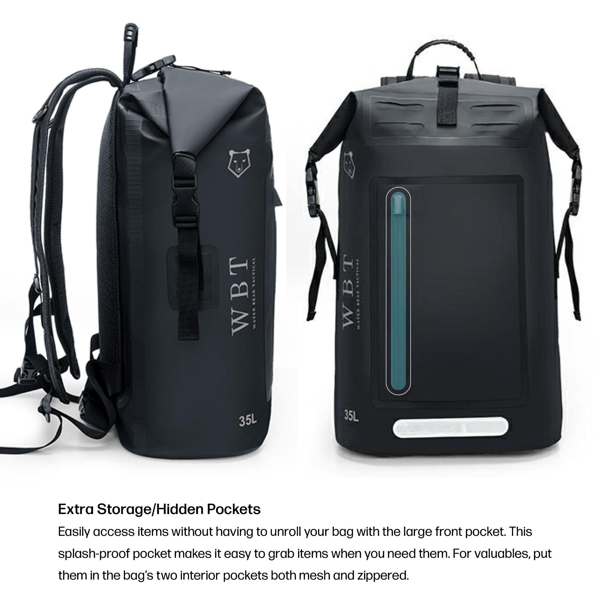 Water Bear Tactical Waterproof Backpack: Black 35L Rugged Roll-Top Closure with Waterproof Zipper front pocket and Cushioned Padded Back.