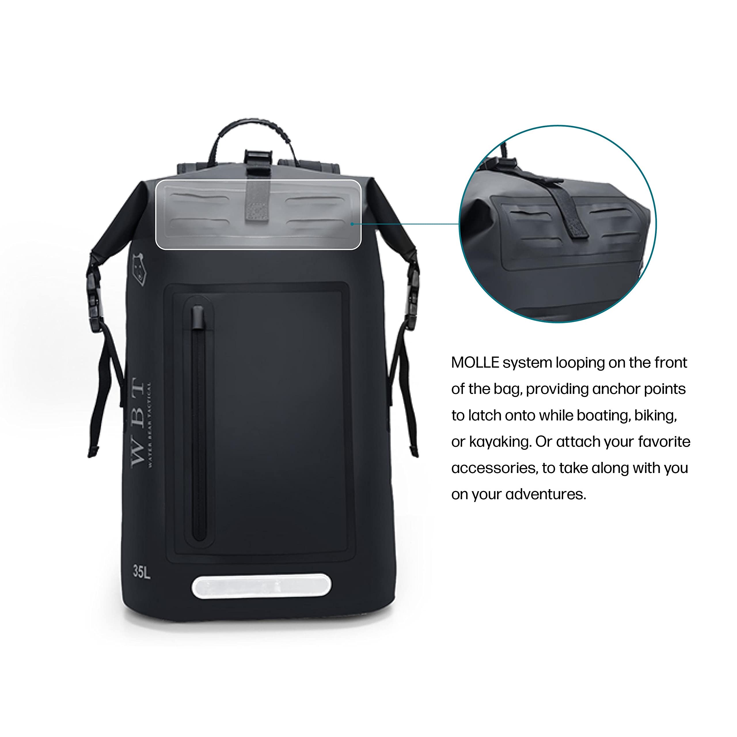 Water Bear Tactical Waterproof Backpack: Black 35L Rugged Roll-Top Closure with Waterproof Zipper front pocket and Cushioned Padded Back.