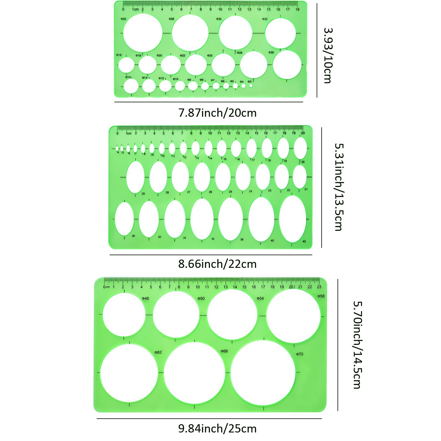 Circle Template 3 Pieces Plastic Circle and Oval Templates Measuring Templates Rulers Digital Drawing for Office and School Building Formwork Drawings Templates (Clear Green)