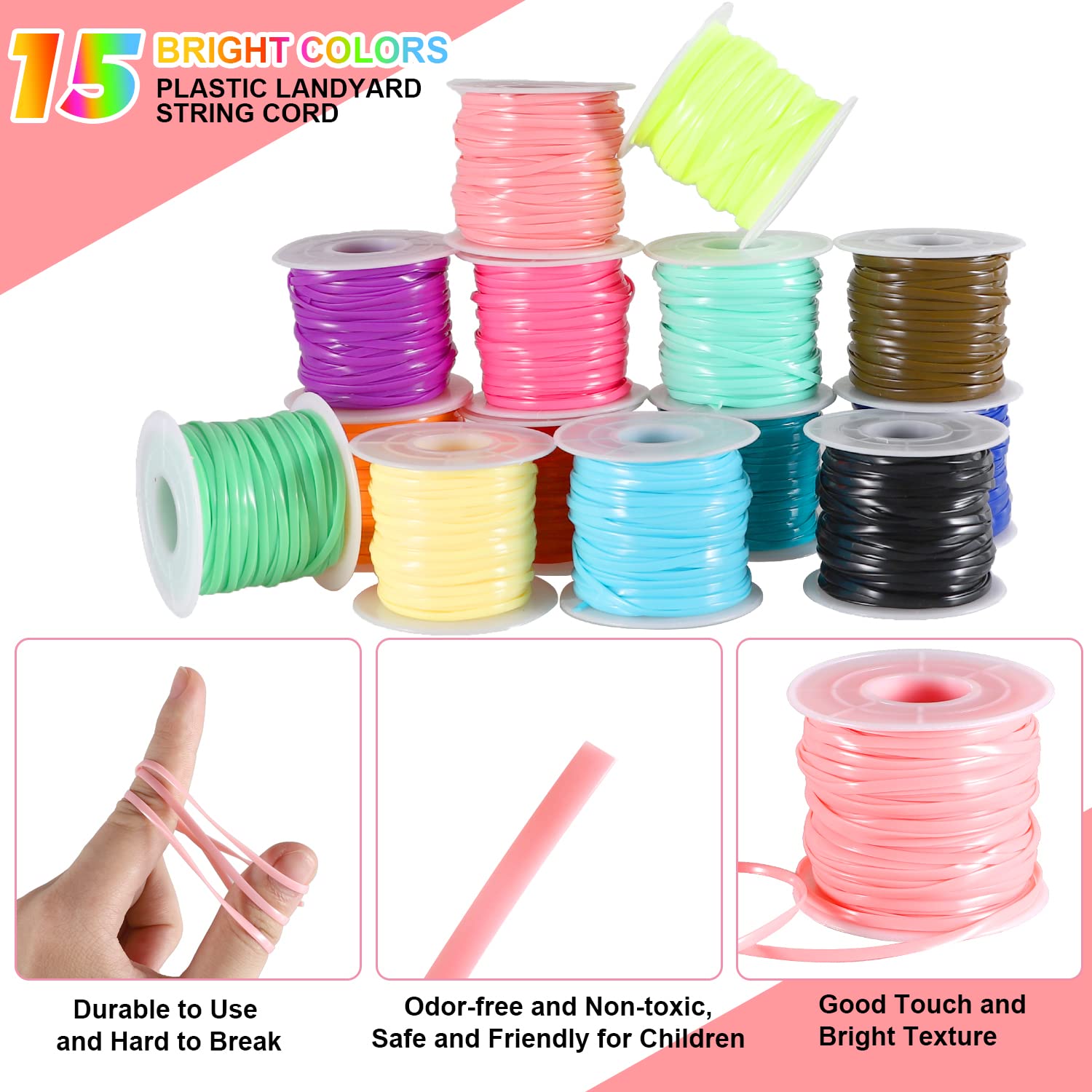 KAMJUNTAR Lanyard String,15 Rolls Gimp String Plastic Lacing Cord Plastic String Lanyard Kit for Friendship Bracelets Jewelry Making DIY Craft Boondoggle Gimp Bracelet Making Kit for Kids Girls