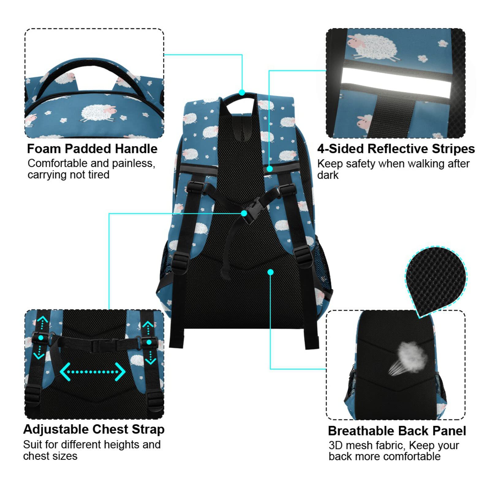 Cute White Sheep School Backpacks with Chest Strap for Teens Boys Girls,Lightweight Student Bookbags 17 Inch, Lamb Pattern Casual Daypack Schoolbags