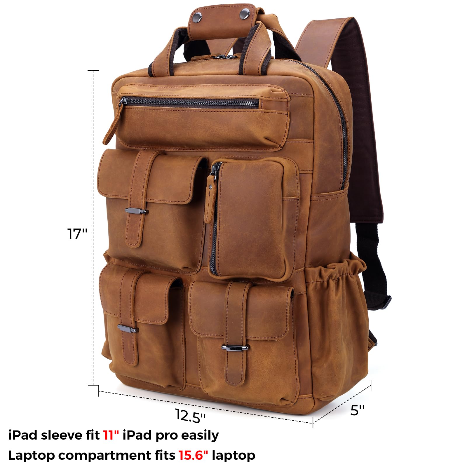 Full Grain Cowhide Leather Multi Pockets 16 Inch Laptop Backpack Travel Bag (Dark Brown(Updated Version))