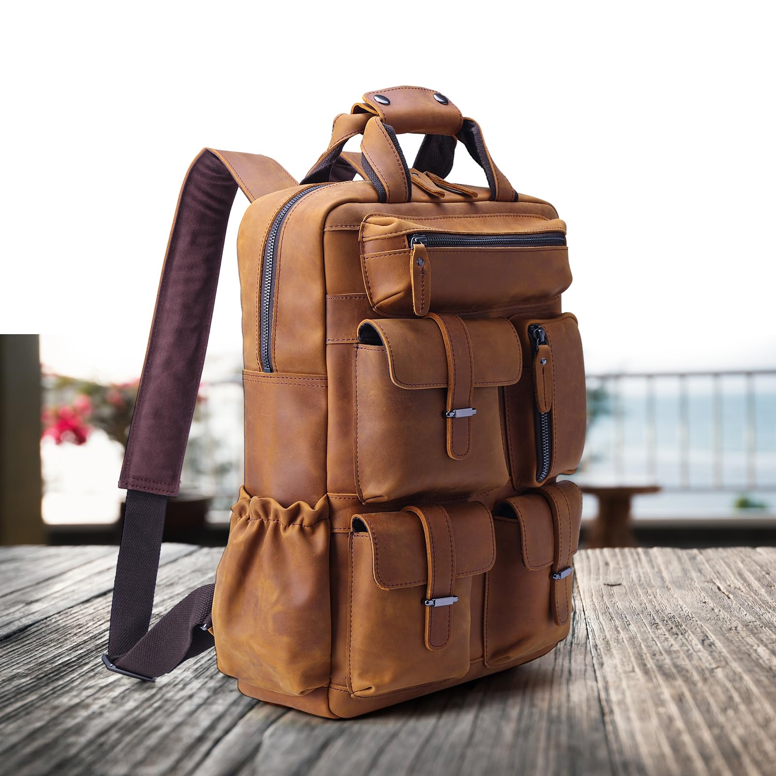 Full Grain Cowhide Leather Multi Pockets 16 Inch Laptop Backpack Travel Bag (Dark Brown(Updated Version))