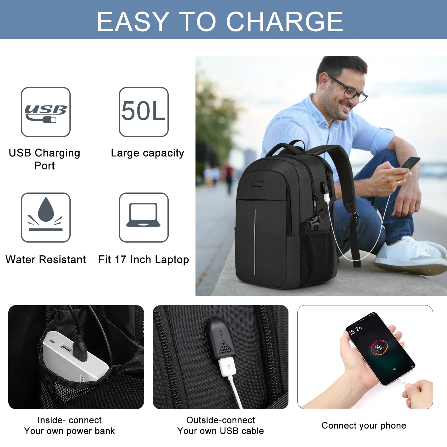 Backpack for Men,Extra Large 50L Travel Backpack with USB Charging Port,Laptop Backpack 17 Inch Water Resistant Big Capacity Heavy Duty Computer Bag TSA Approved Business College School Bookbags,Black