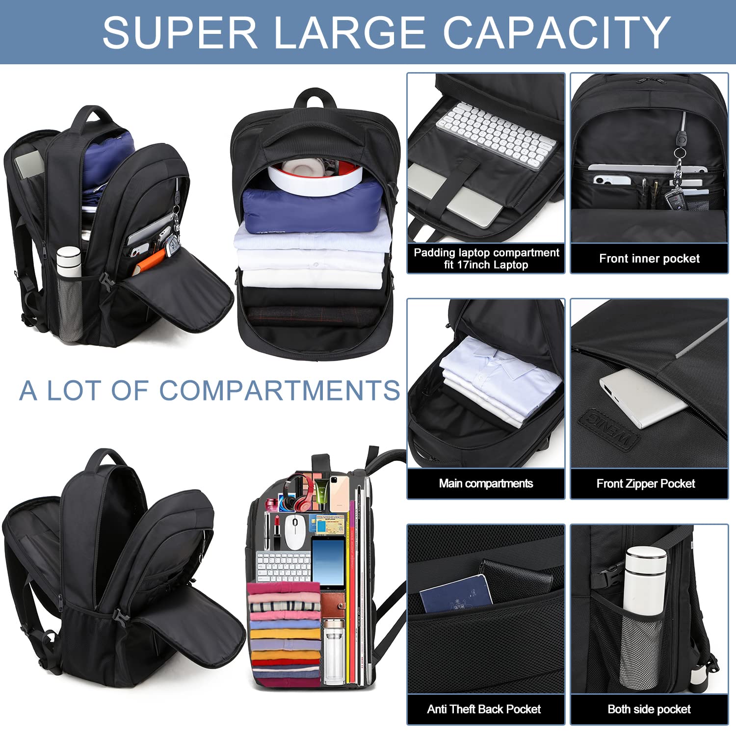 Backpack for Men,Extra Large 50L Travel Backpack with USB Charging Port,Laptop Backpack 17 Inch Water Resistant Big Capacity Heavy Duty Computer Bag TSA Approved Business College School Bookbags,Black