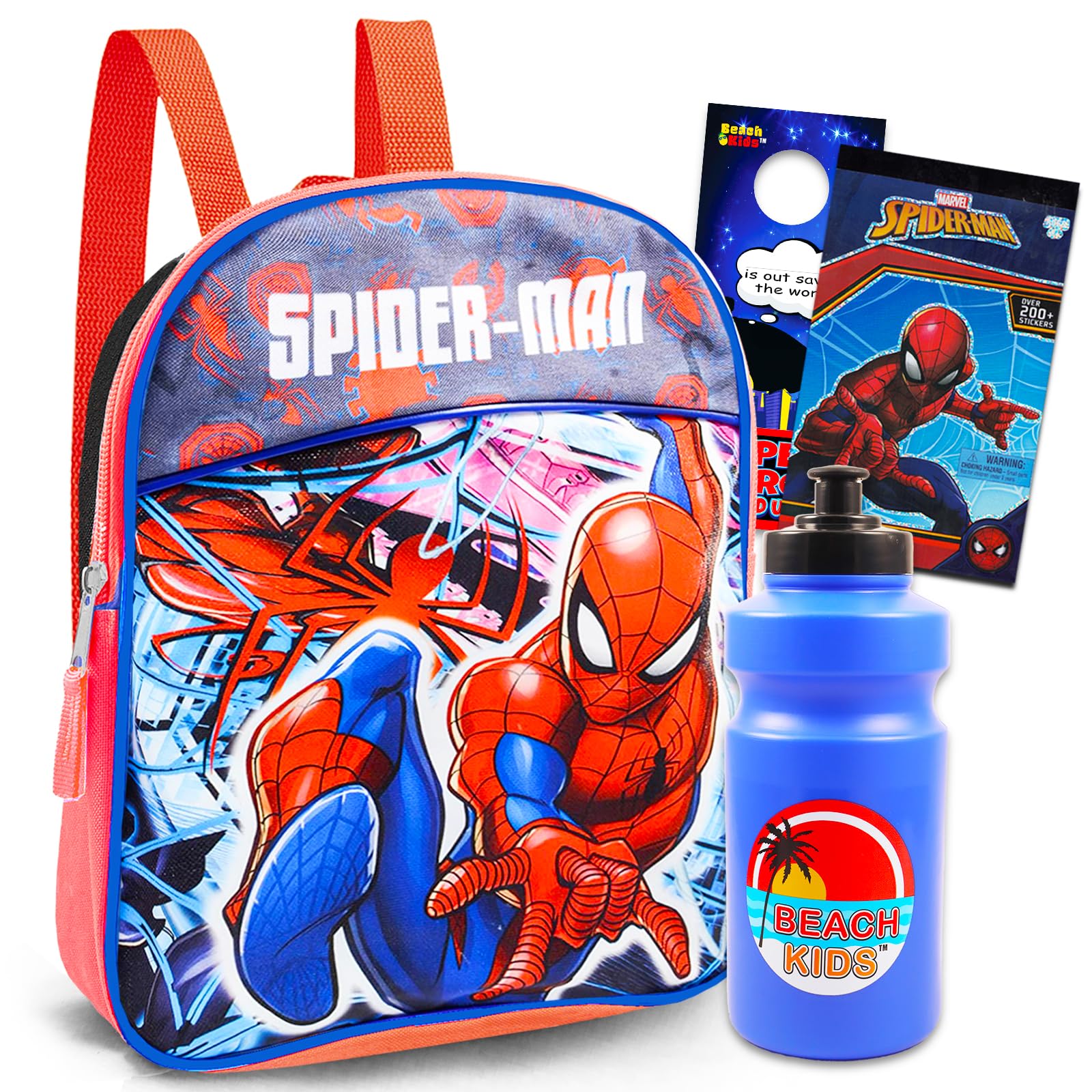 Marvel Spiderman Mini Backpack For Boys, Kids ~ 4 Pc Bundle With 11" Spiderman School Bag For Kids, Water Pouch, Stickers, And More | Spiderman Preschool Supplies