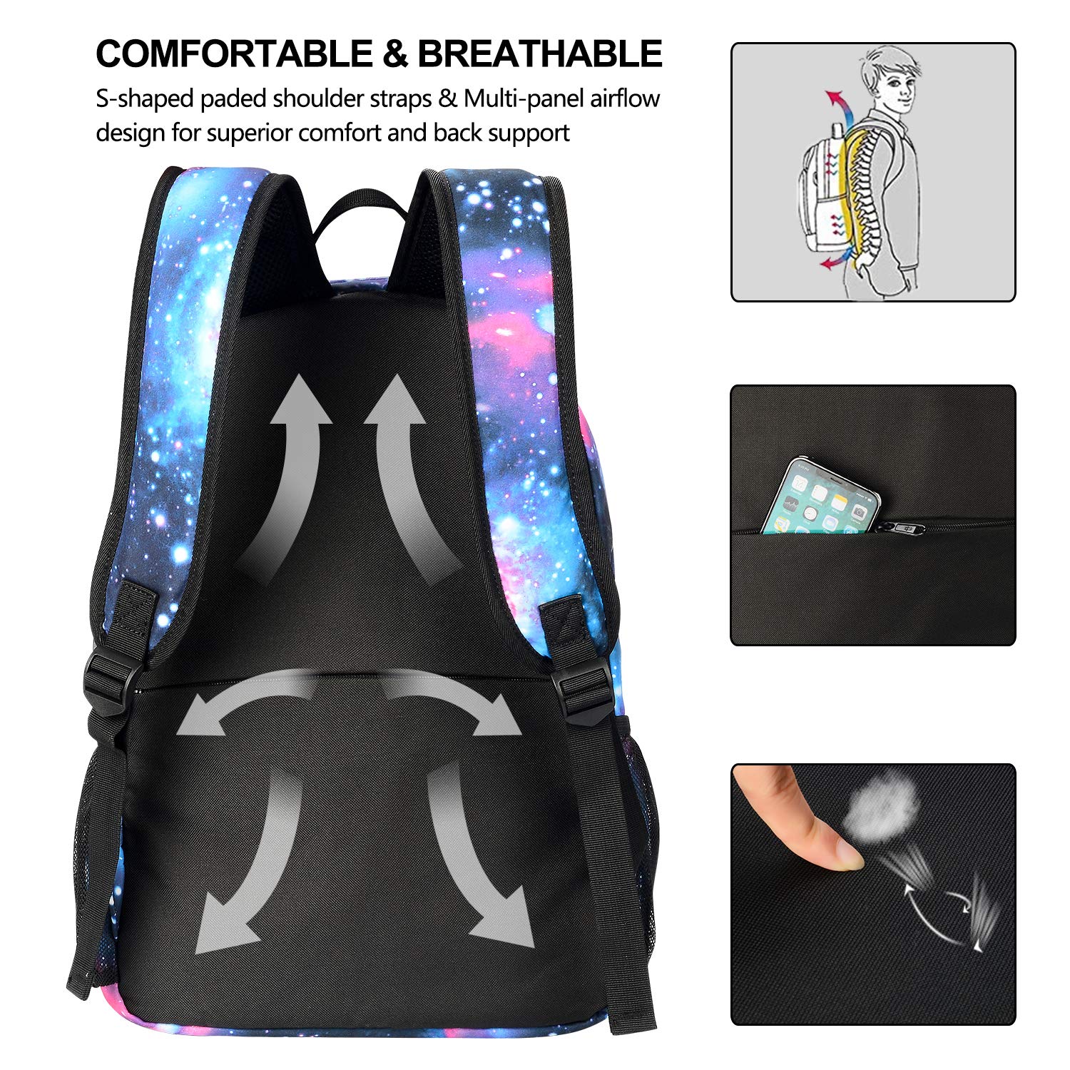 Galaxy School Backpack for Boys /Girls, Anime Luminous Backpack for Kids School Bags Casual Daypack with USB Charging Port