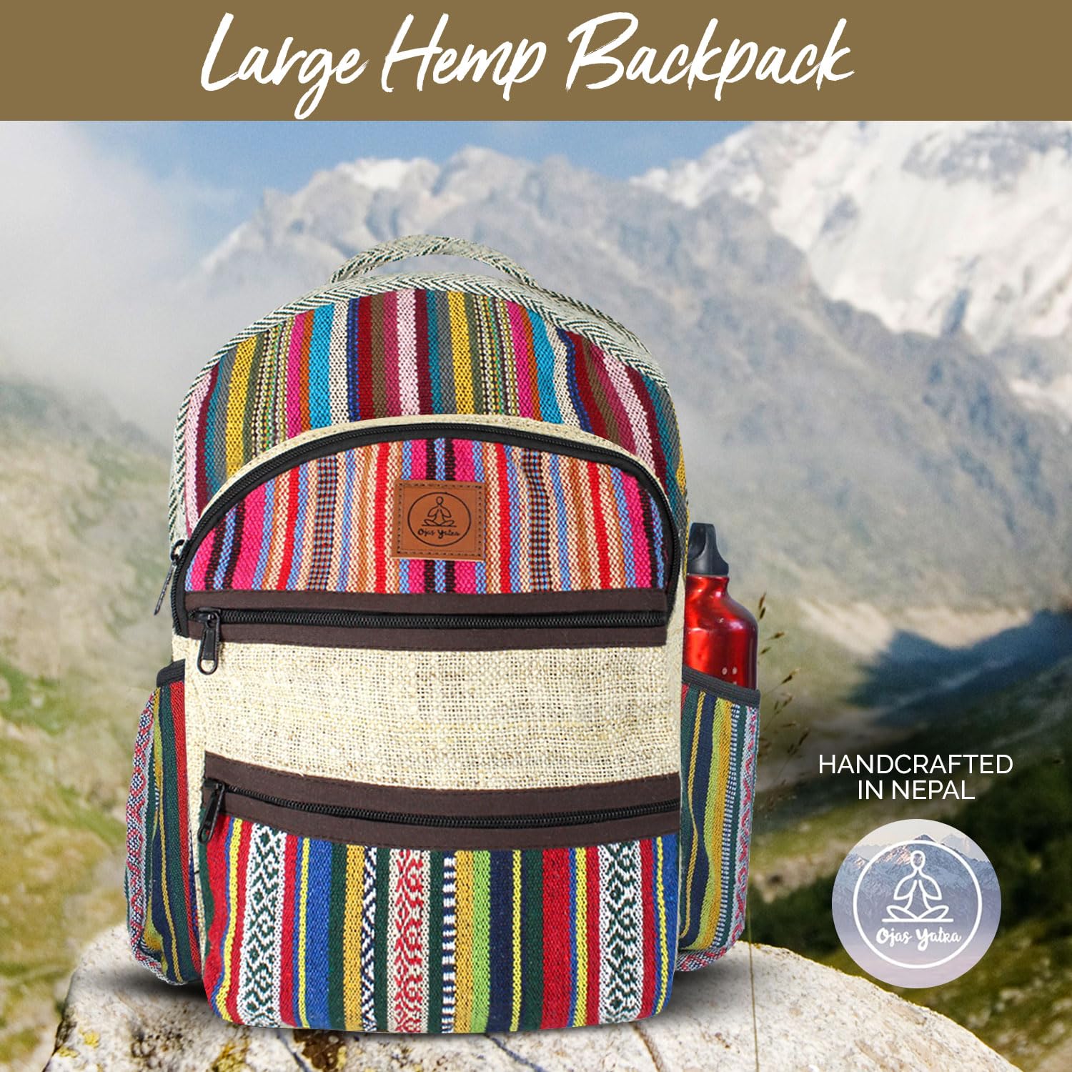 Ojas Yatra Large Hemp Backpack - Multi Pocket Organic Himalayan Student Bag Packs for Laptop - Boho/Hippie Himalayan Bag for Travel & Festivals