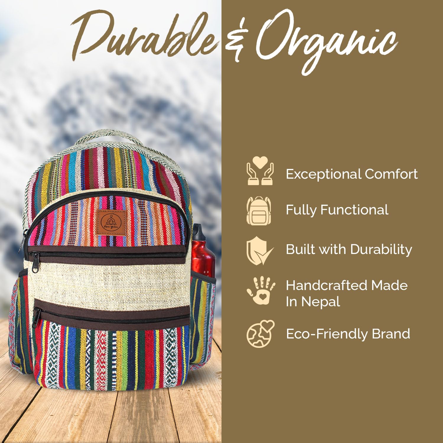 Ojas Yatra Large Hemp Backpack - Multi Pocket Organic Himalayan Student Bag Packs for Laptop - Boho/Hippie Himalayan Bag for Travel & Festivals