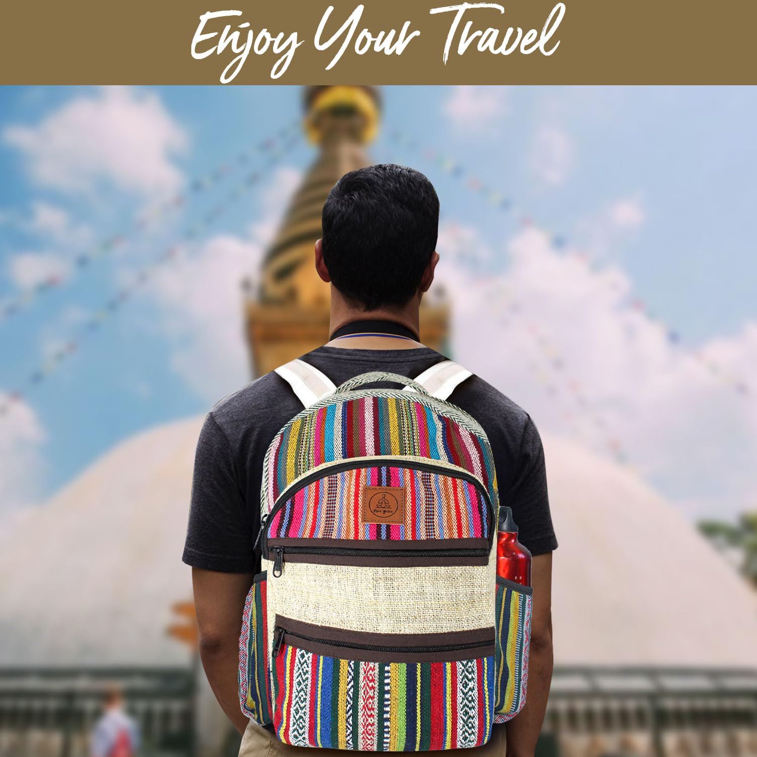 Ojas Yatra Large Hemp Backpack - Multi Pocket Organic Himalayan Student Bag Packs for Laptop - Boho/Hippie Himalayan Bag for Travel & Festivals