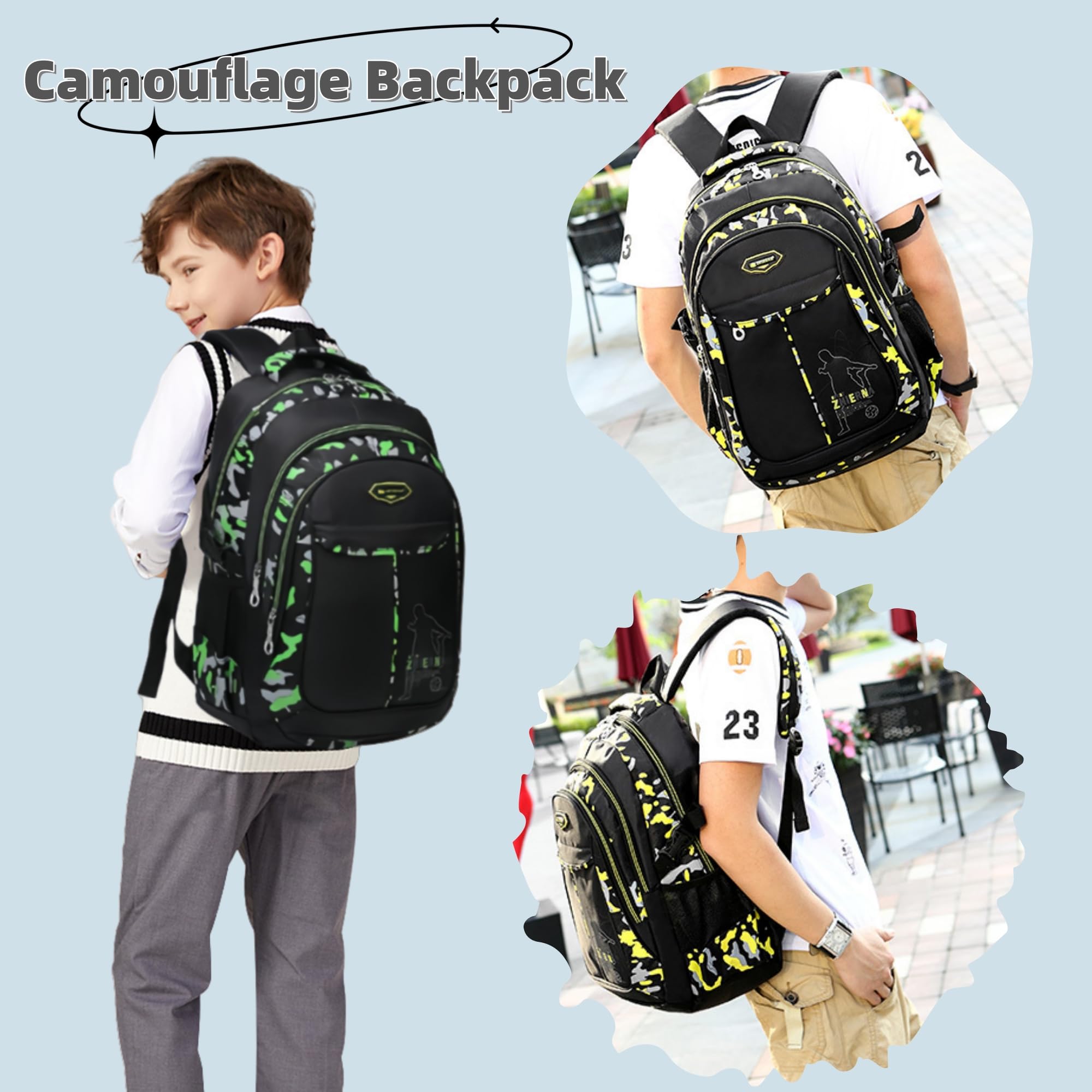 Camo-Print Primary School Backpack and Lunch-Bag Set for Boys Camouflage Elementary Bookbag Rucksack Waterproof