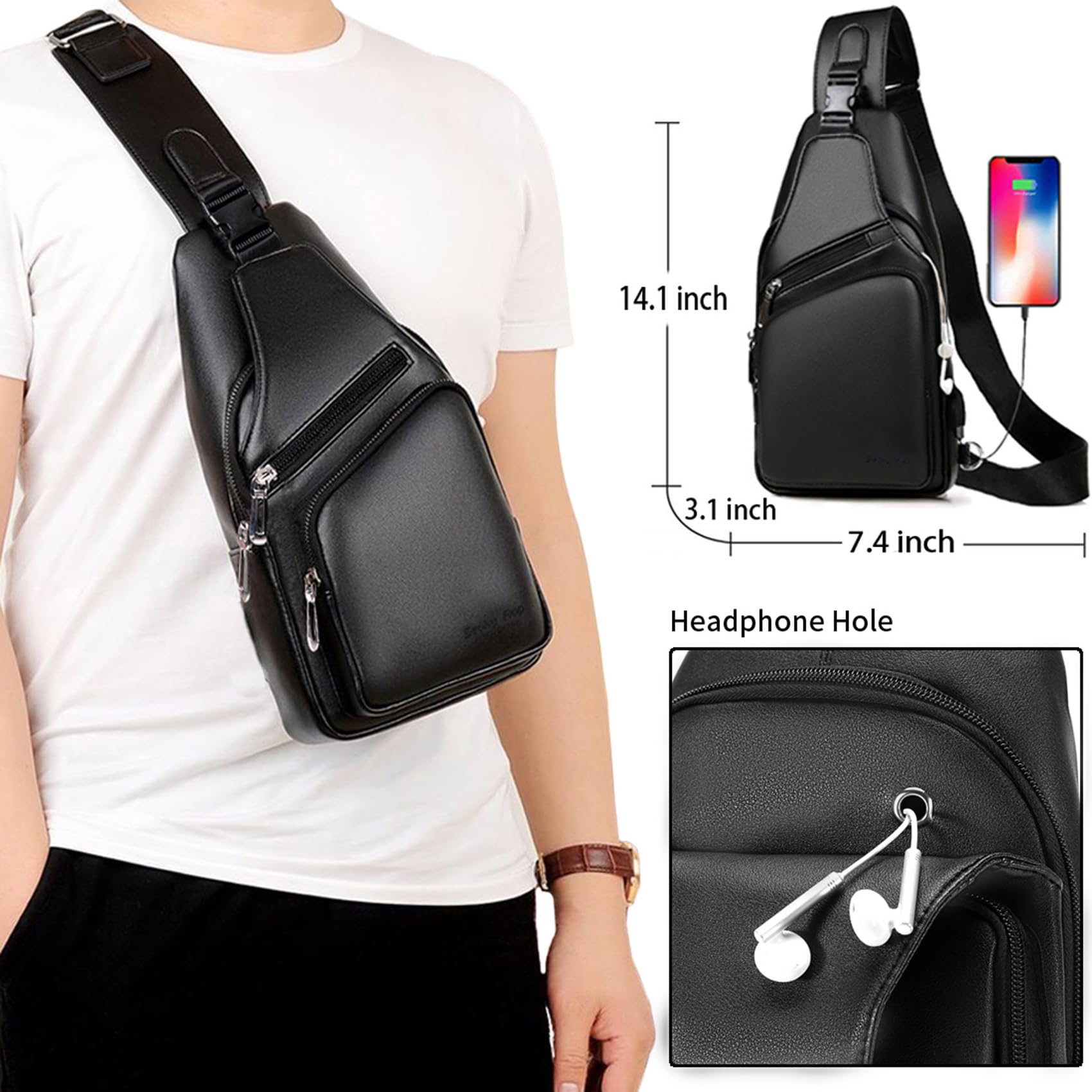 Men Leather Sling Bag Purse Waterproof Crossbody Chest Bag Sling Backpack with USB Charging Port One Shoulder Bag Black