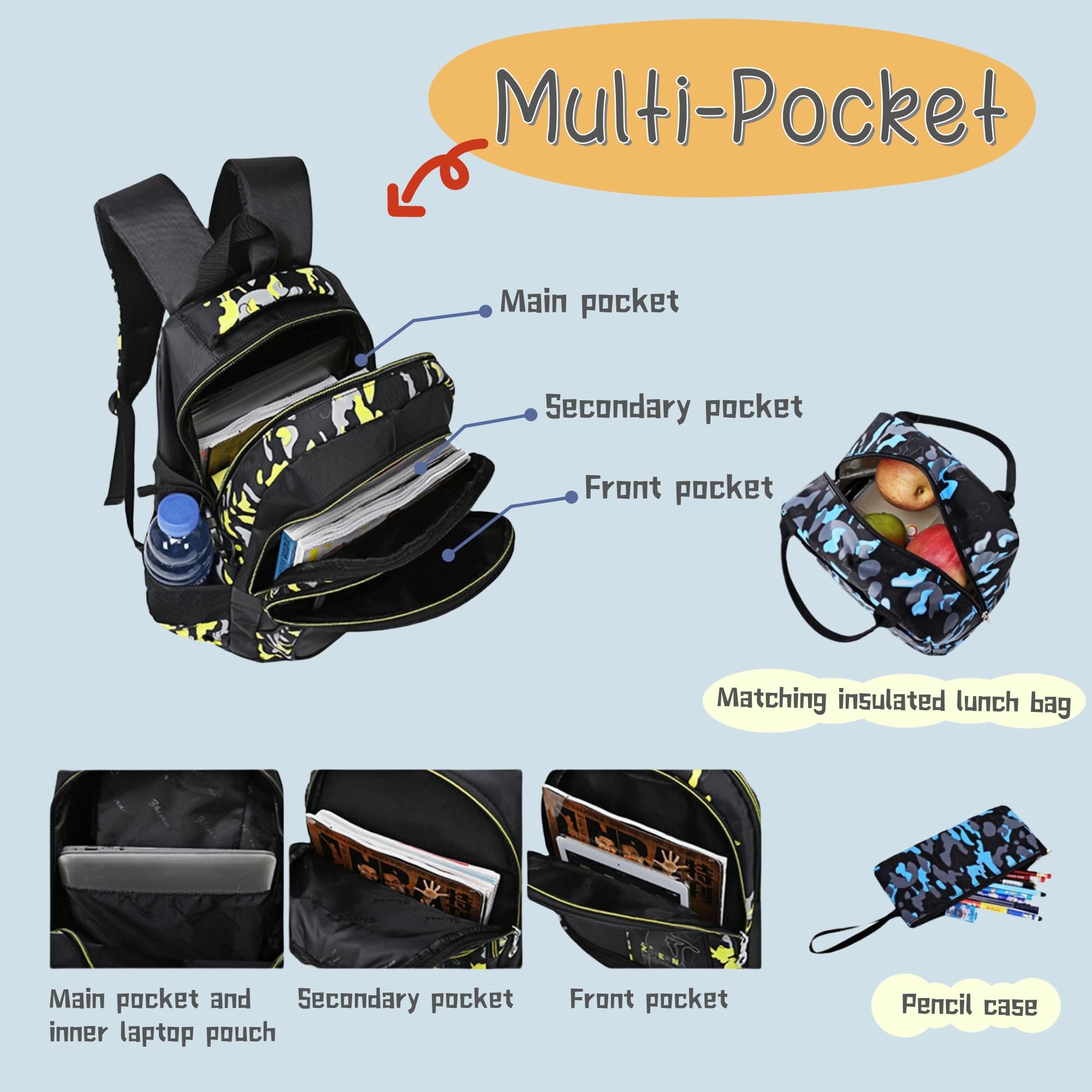 Camo-Print Primary School Backpack and Lunch-Bag Set for Boys Camouflage Elementary Bookbag Rucksack Waterproof